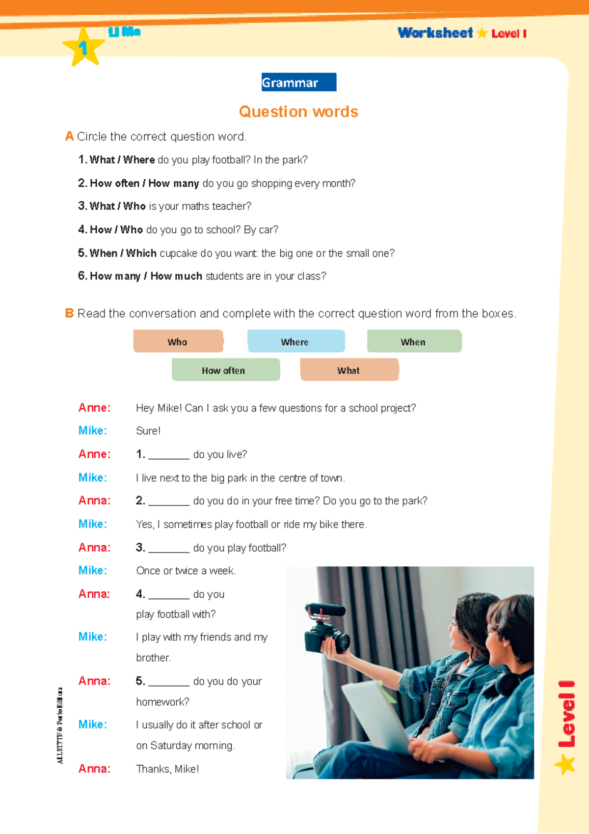 Allst 7 worksheets grammar unit1 - Question words A Circle the correct ...