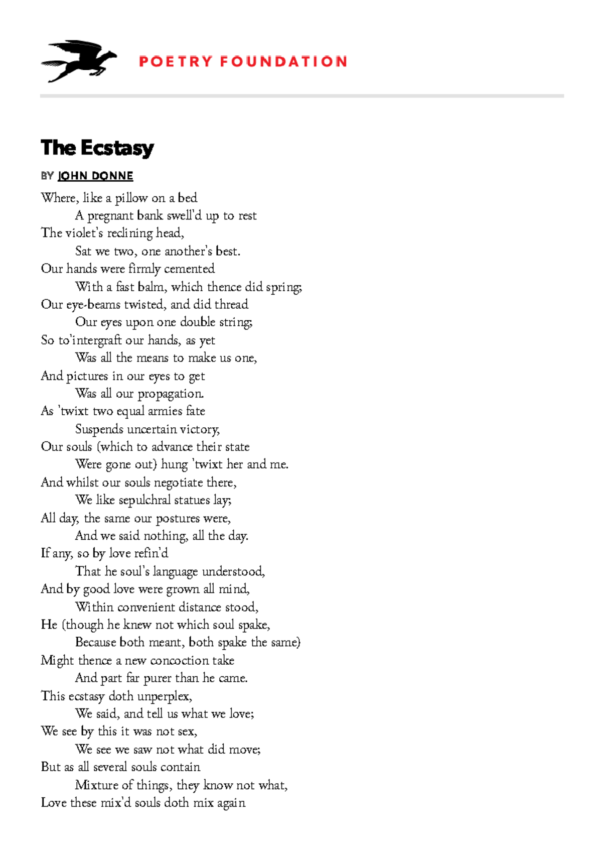 The Ecstasy by John Donne Poetry Foundation - The Ecstasy BY JOH N D ...