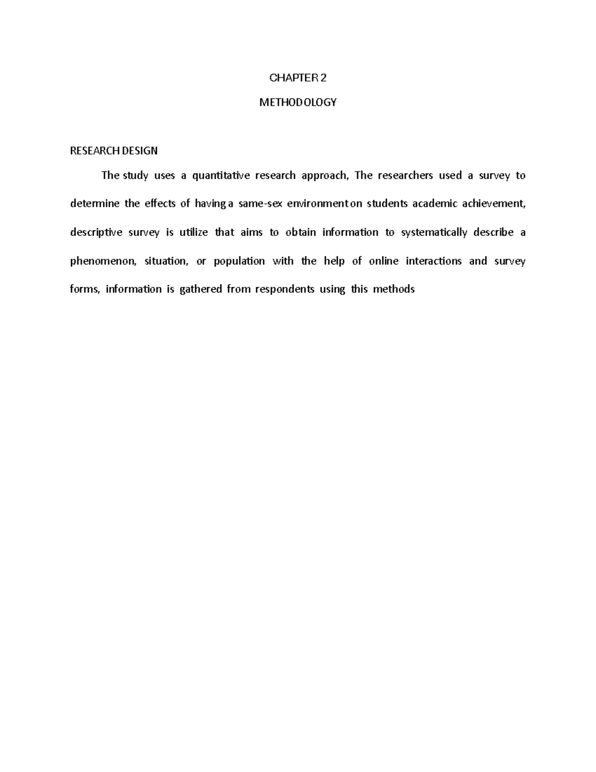 789 - notes - CHAPTER 2 METHODOLOGY RESEARCH DESIGN The study uses a ...
