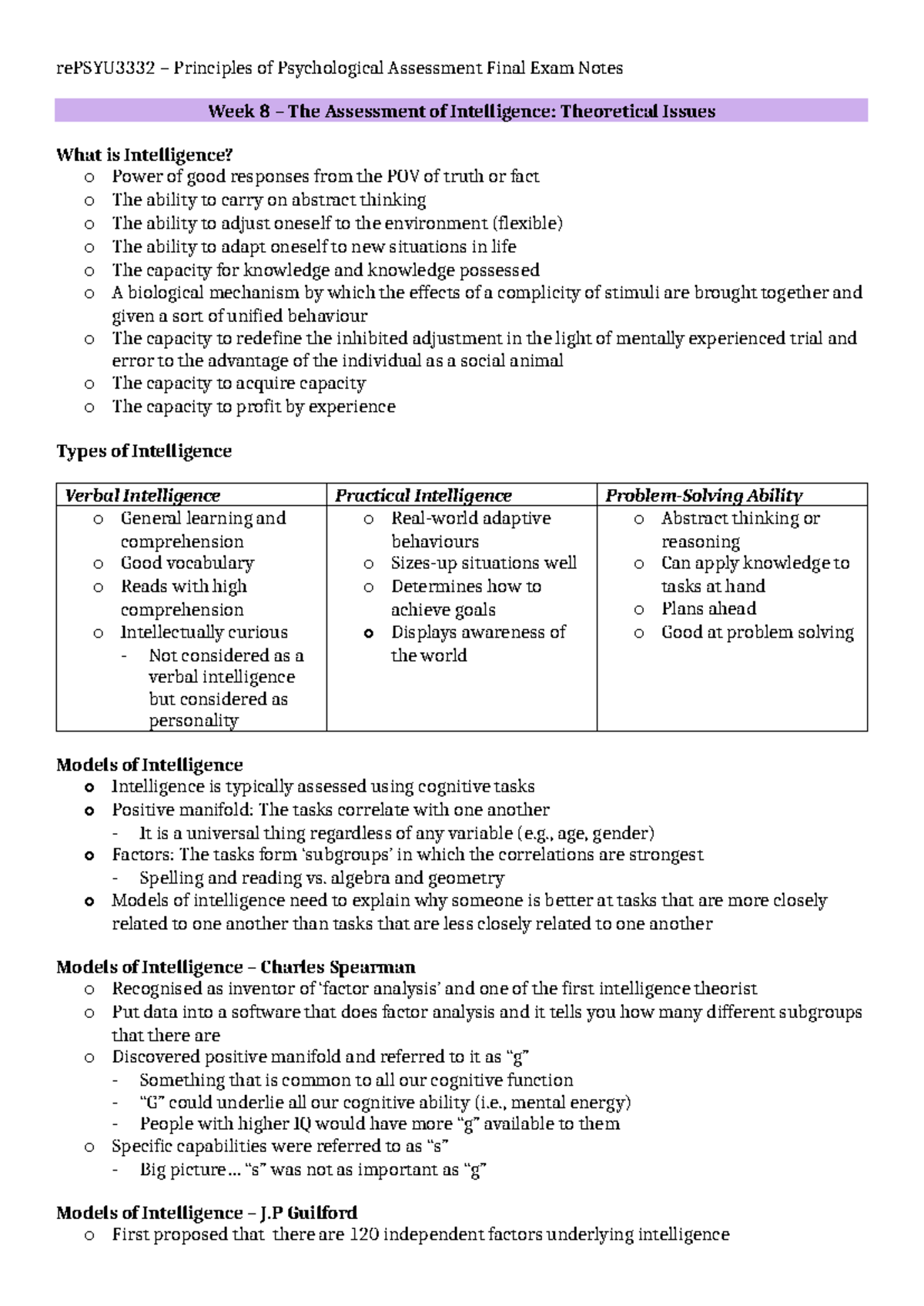 PSYU3332 Final Exam Notes - rePSYU3332 – Principles of Psychological ...