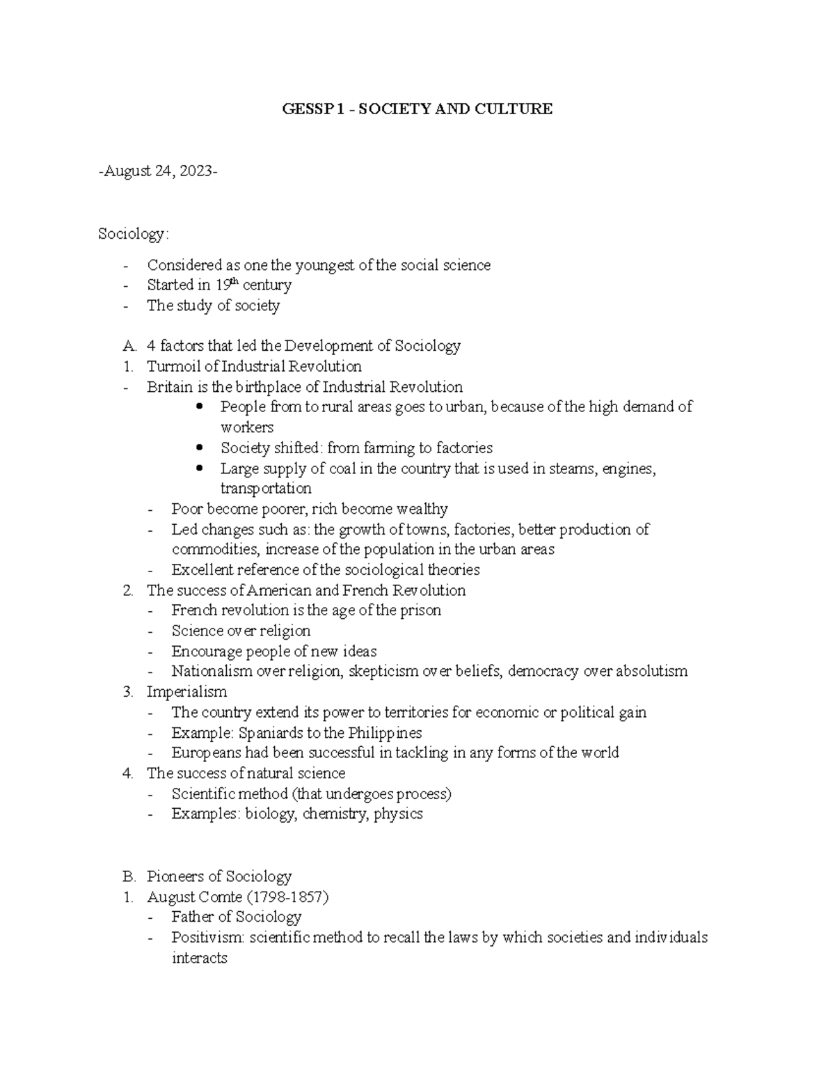 Society AND Culture Notes - GESSP 1 - SOCIETY AND CULTURE -August 24 ...