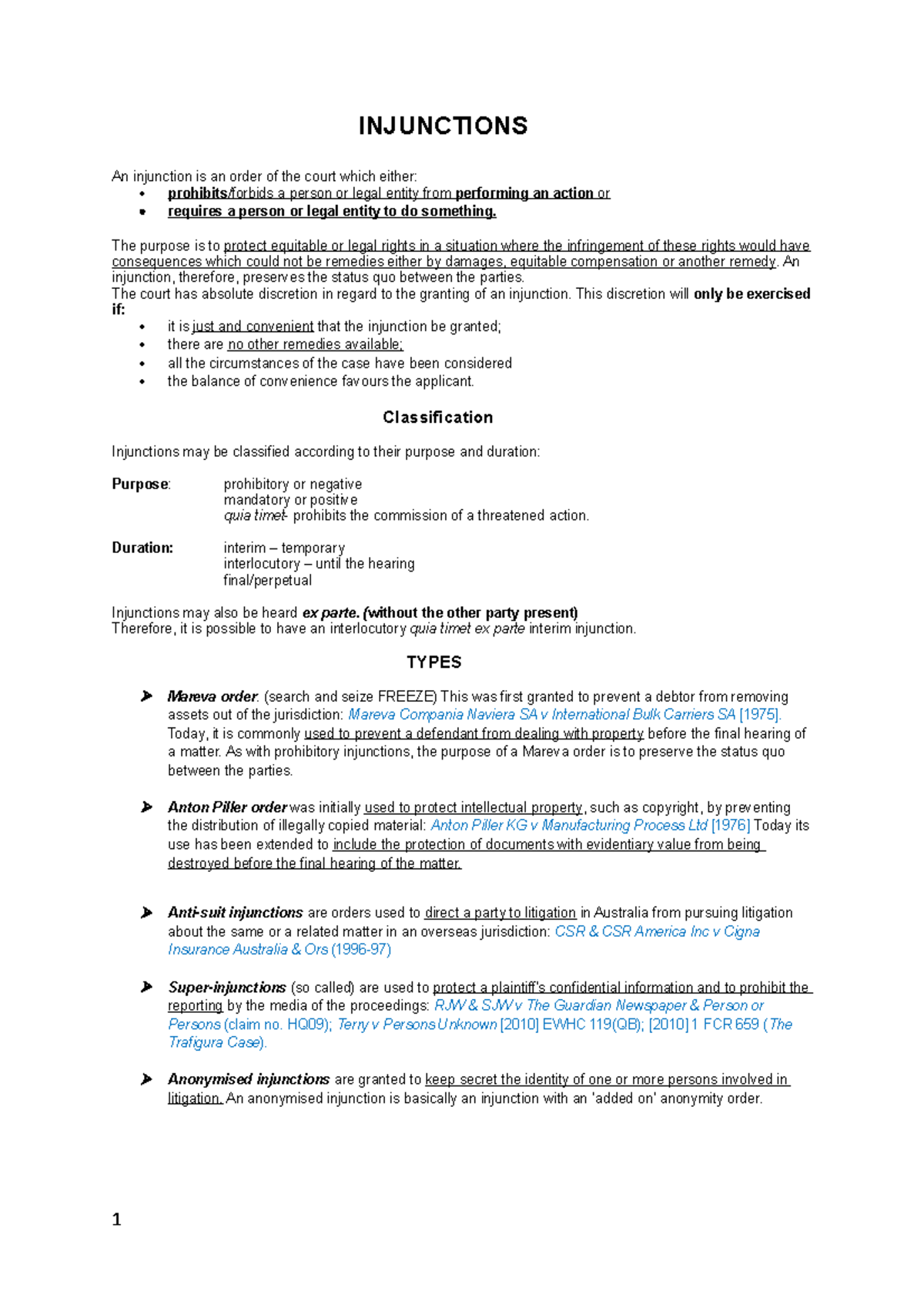 Injunctions (see notes for more) - INJUNCTIONS An injunction is an ...