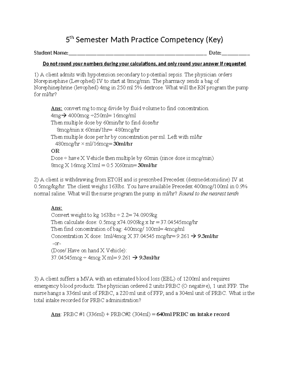 5th Semester Math Practice Comp (KEY) - 5 th Semester Math Practice ...
