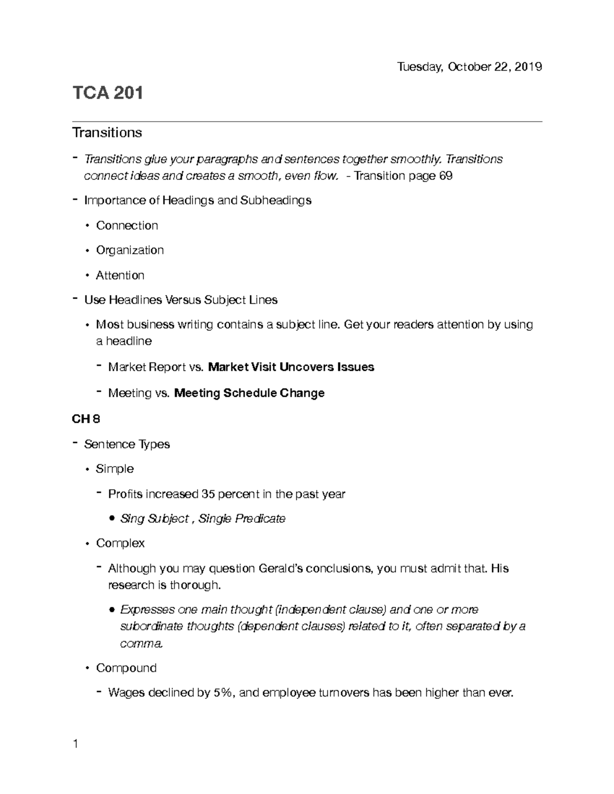 Tca notes - CH 8 - Tuesday, October 22, 2019 TCA 201 Tr a n s i t i o n ...