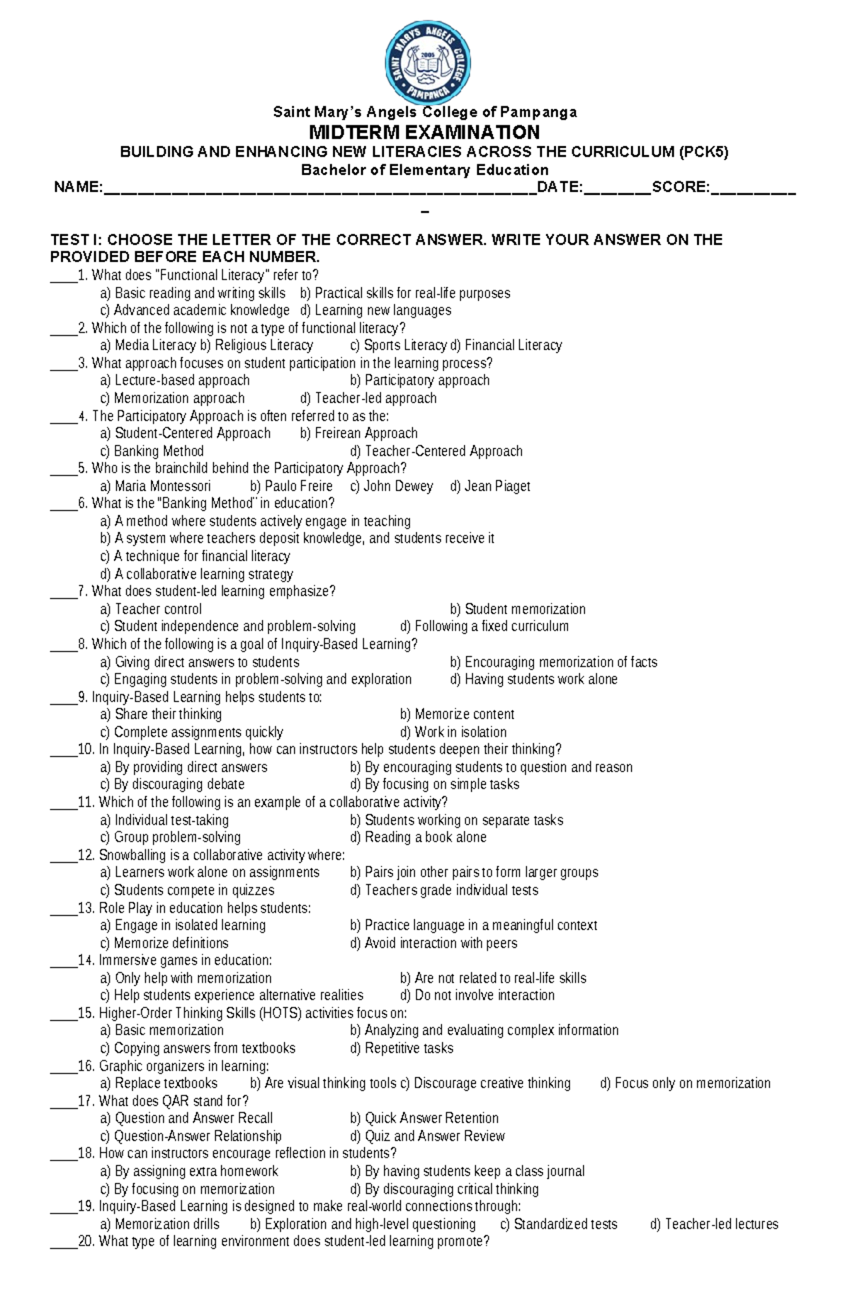 Midterm EXAM PCK5 - Saint Mary’s Angels College of Pampanga MIDTERM ...