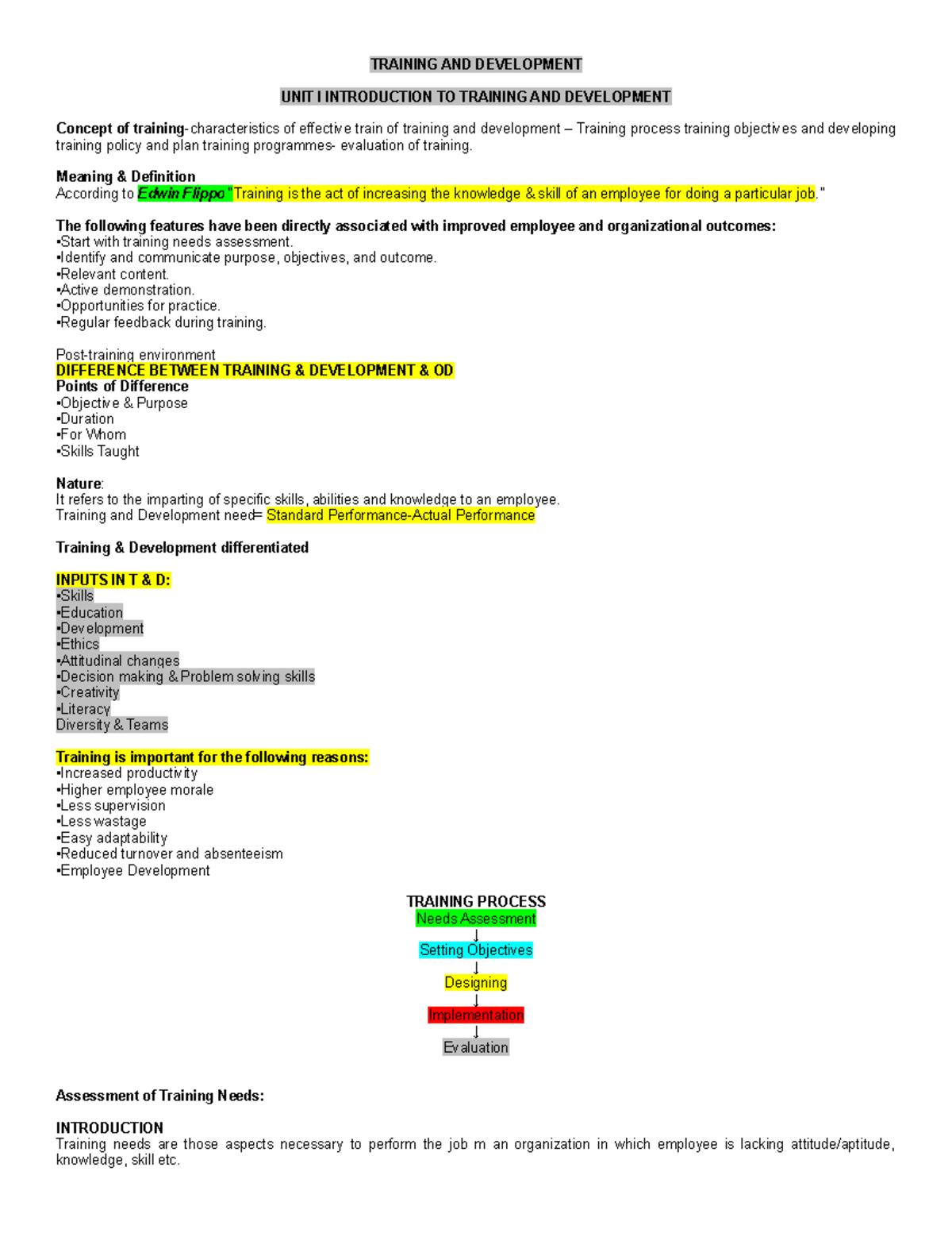 T&D - TRAINING AND DEVELOPMENT UNIT I INTRODUCTION TO TRAINING AND ...