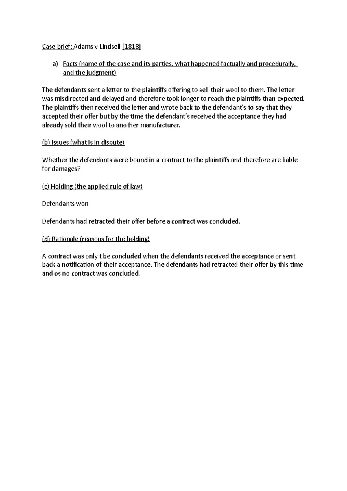 Adams v Lindsell [1818] - Case brief: Adams v Lindsell [1818] a) Facts ...