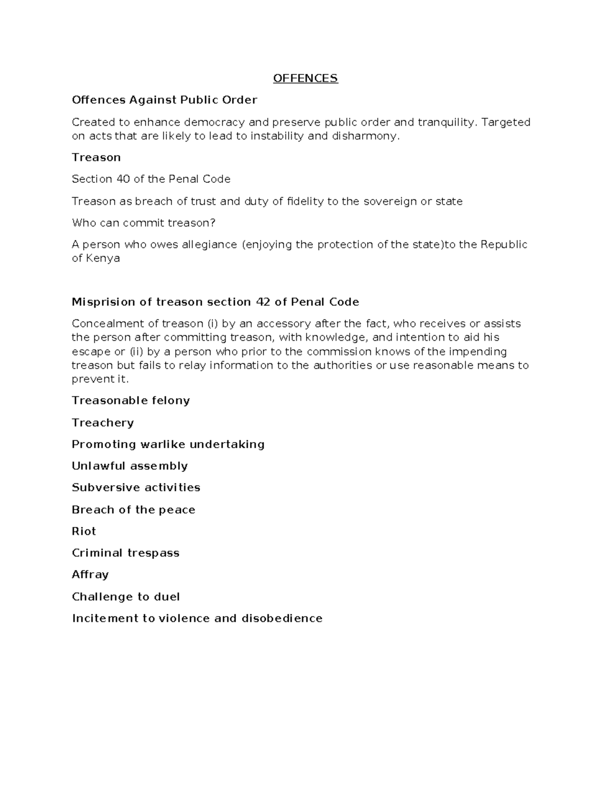 Offences - Tort law notes - OFFENCES Offences Against Public Order ...