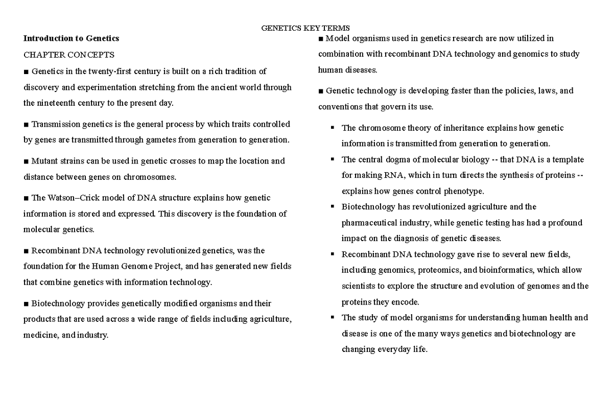 Genetics KEY Terms - general education - Introduction to Genetics CHAPTER CONCEPTS Genetics in ...
