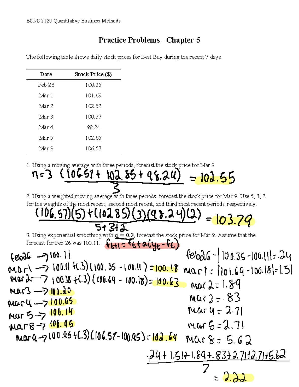 Practice Problems - Chapter 5 - BSNS 2120 Quantitative Business Methods ...
