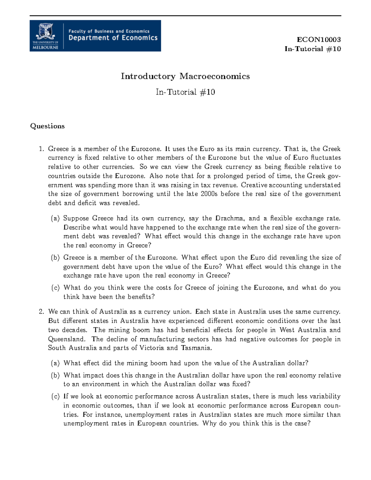 Tutorial 10 Tutor Guide Econ In Tutorial Introductory Macroeconomics In Tutorial Questions 