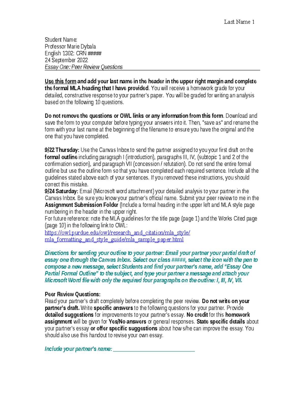 Essay One Peer Review Questions - Last Name 1 Student Name: Professor ...