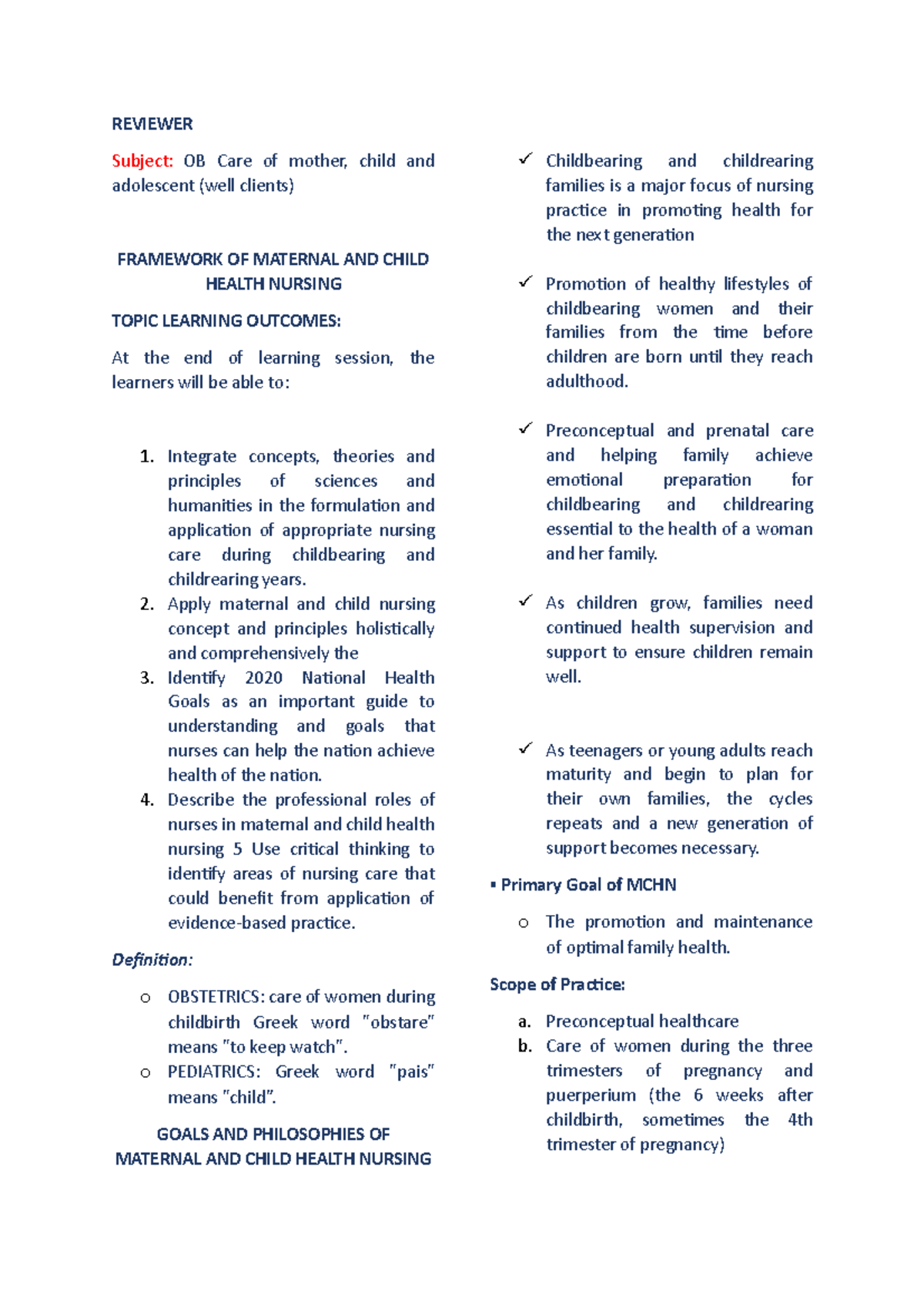 Maternal And Child Health Nursing REVIEWER Subject OB Care Of Mother