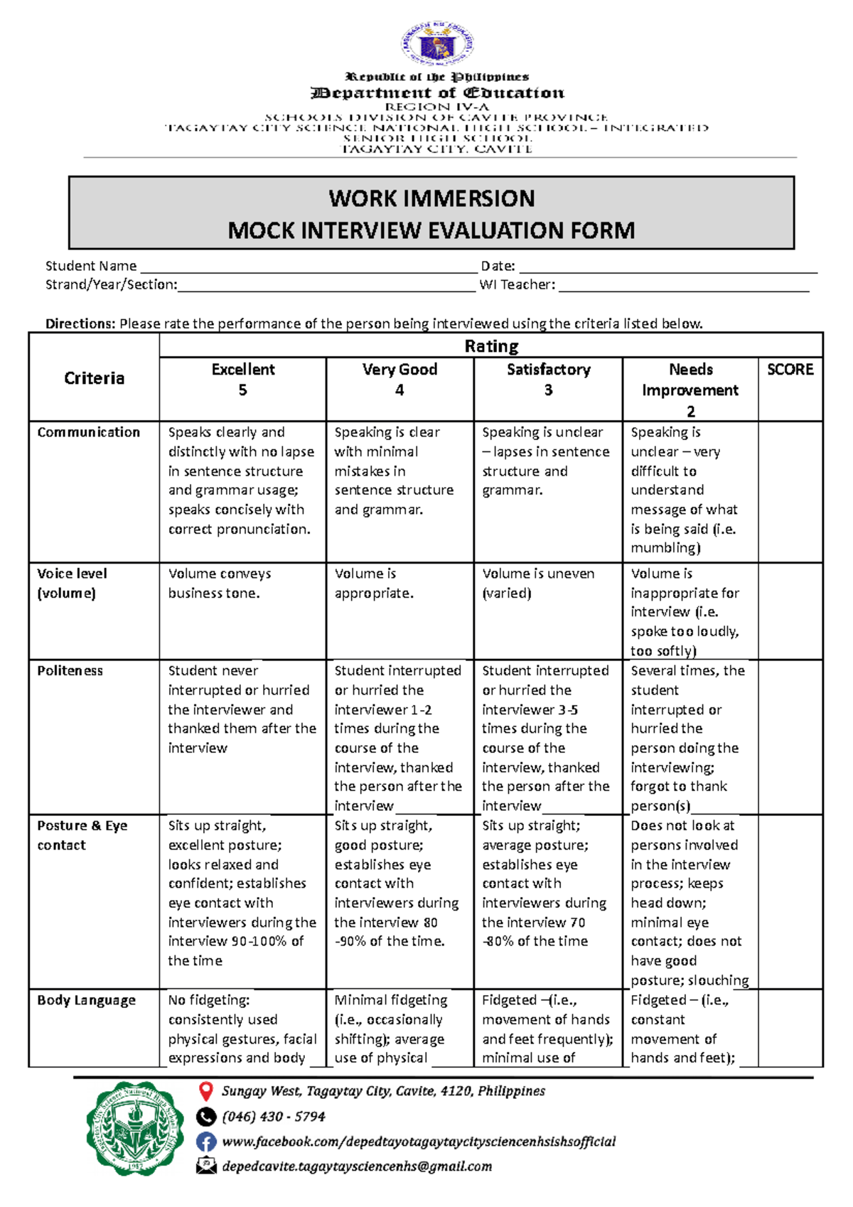MOCK Interview Evaluation Sheet - Student Name