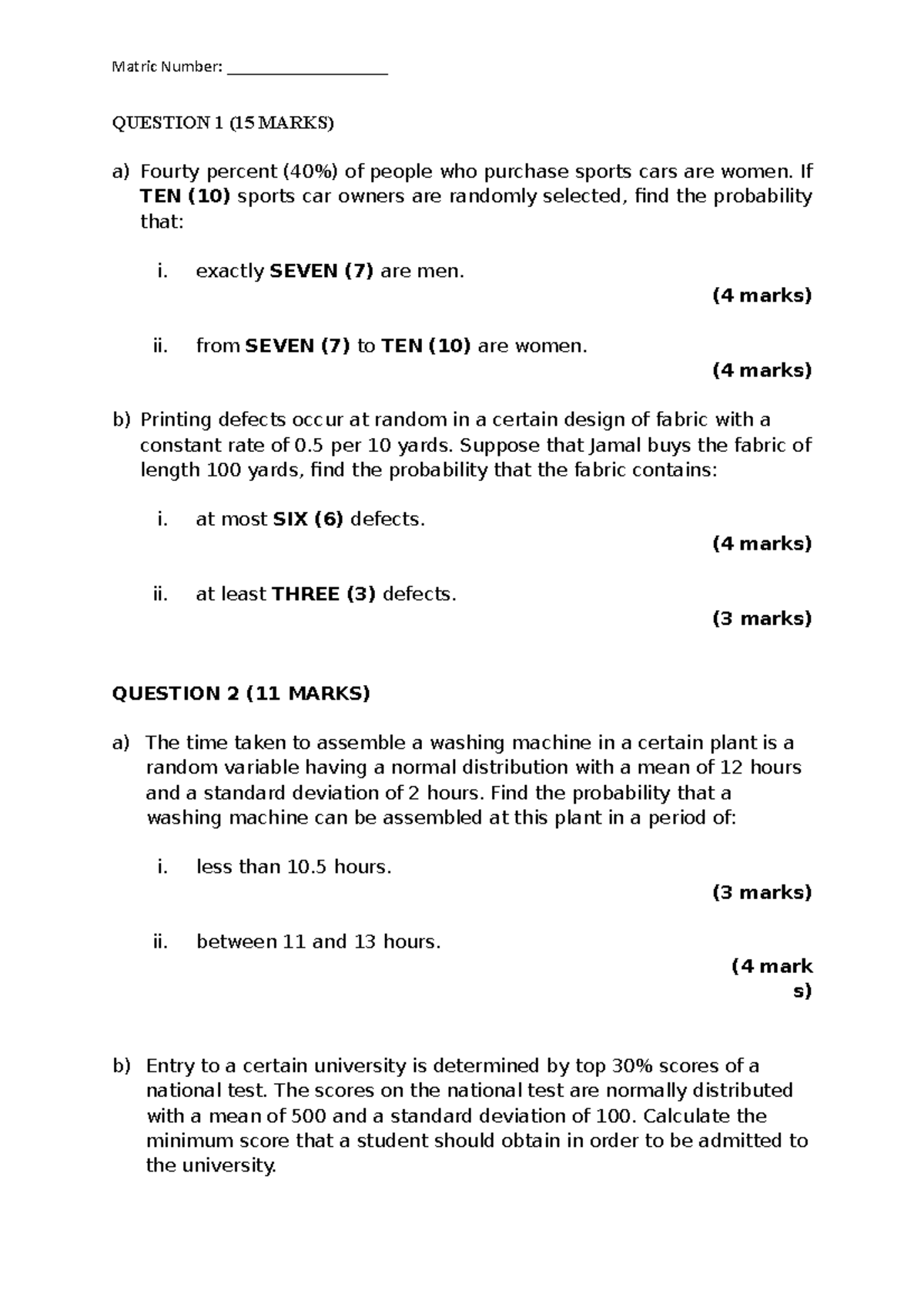 Exercise 2 - tutorial - Matric Number: ___________________ QUESTION 1 ...