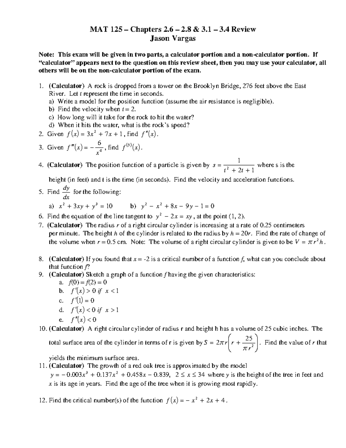 Exam 2 Review 2021 - MAT 125 – Chapters 2 – 2 & 3 – 3 Review Jason ...