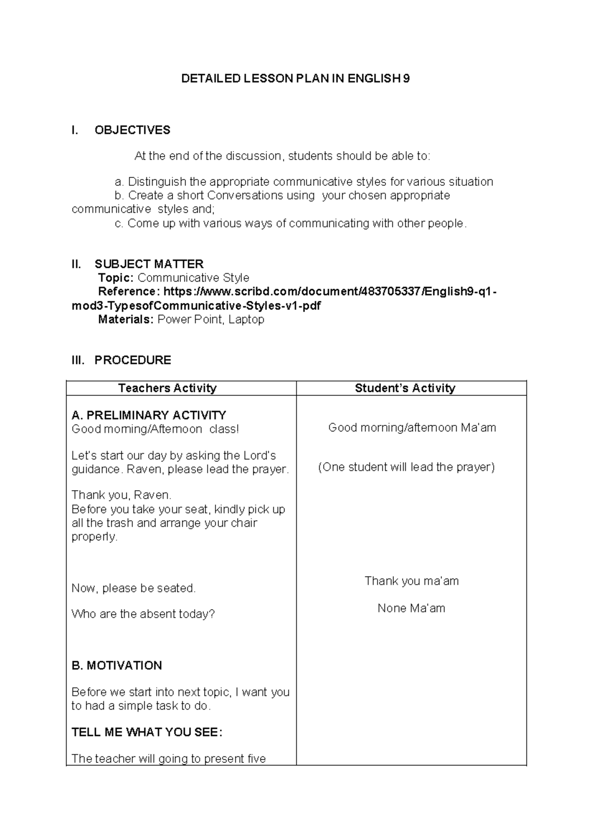 Lesson plan english 9 - Needed - DETAILED LESSON PLAN IN ENGLISH 9 I ...