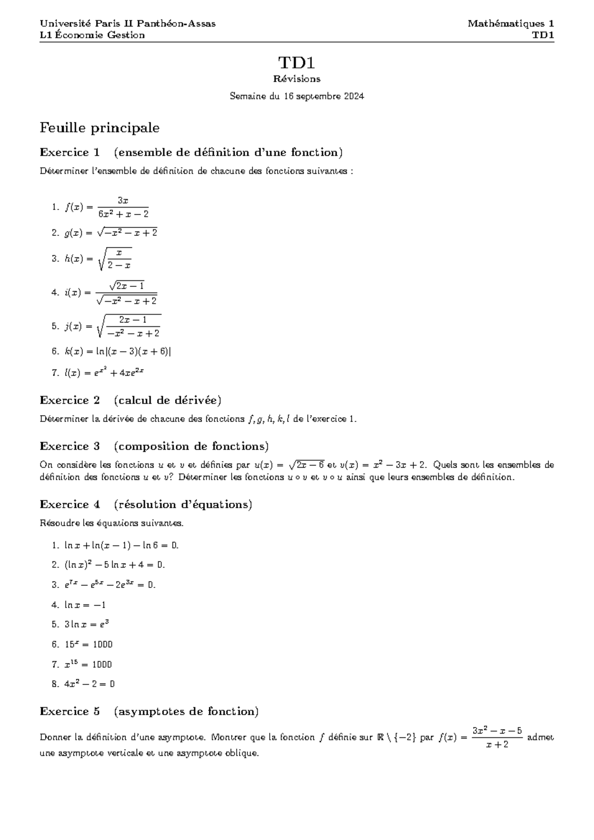 Maths 1 td1 24-25 2 - Universit ́e Paris II Panth ́eon-Assas L1 ́Economie Gestion Math ...