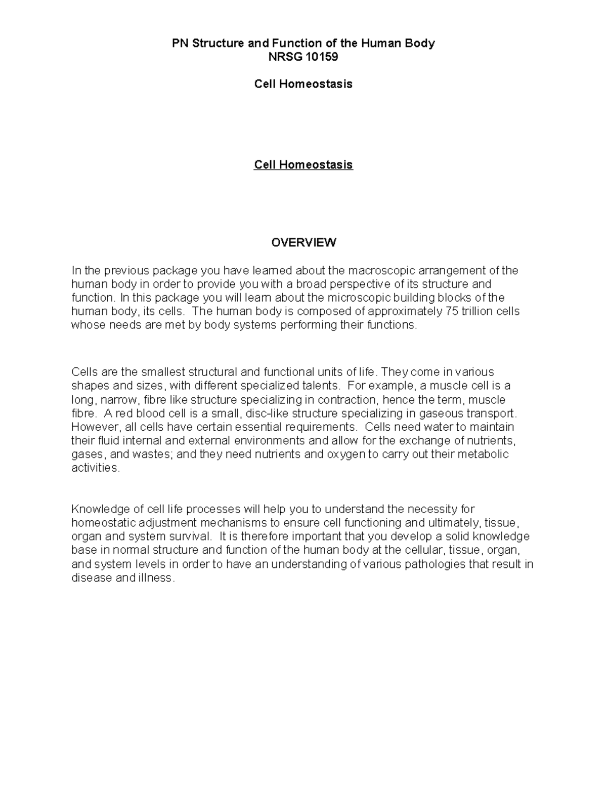 Cell Homeostasis Learning Package - NRSG 10159 Cell Homeostasis Cell ...