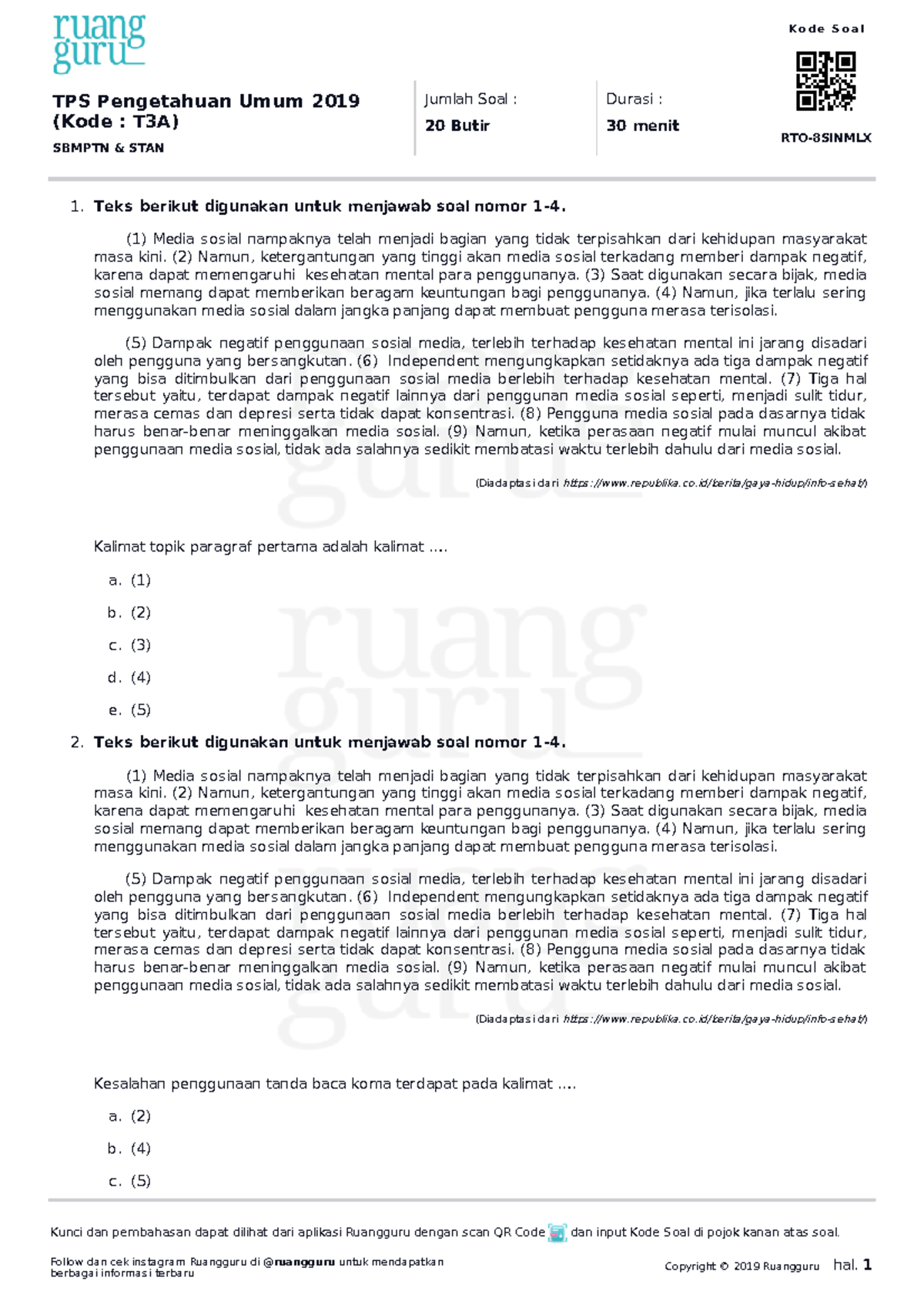 TPS Pengetahuan Umum 2019 Kode T3TPEB - Teks berikut digunakan untuk ...