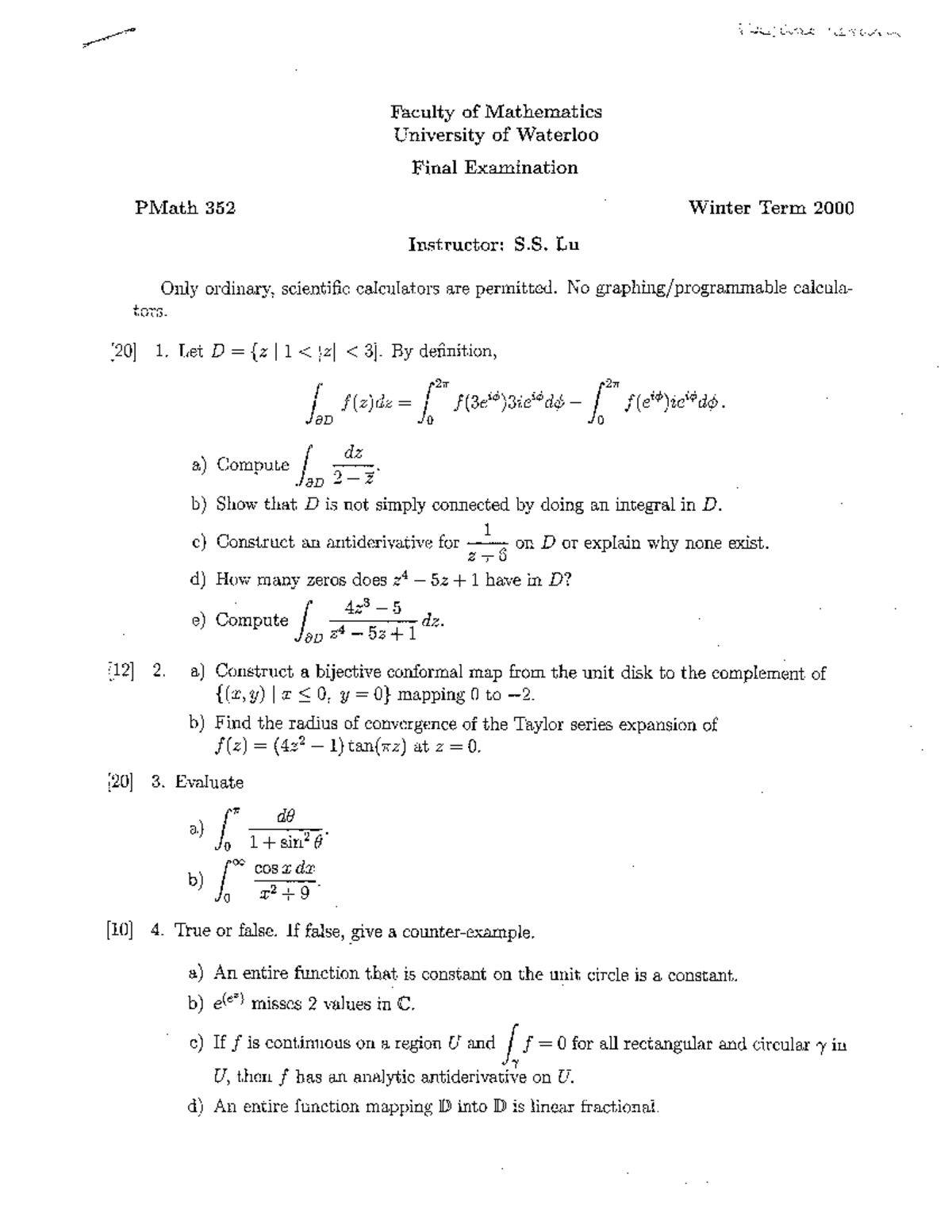 Exam 2000, questions - ifnm u r ,, Faculty of Mathematics University of ...