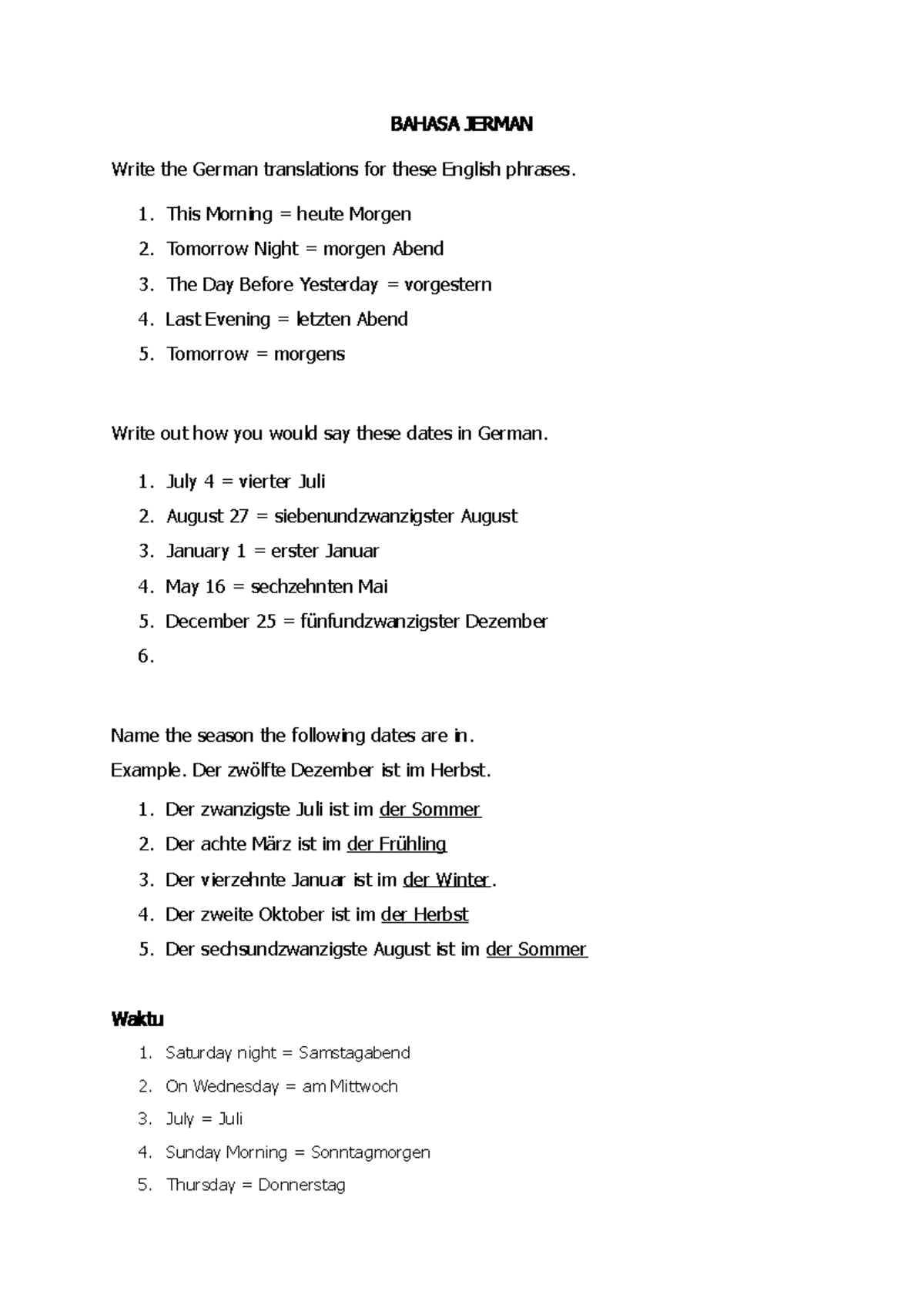 Bahasa Jerman 01 - Latihan Soal - BAHASA JERMAN Write the German ...