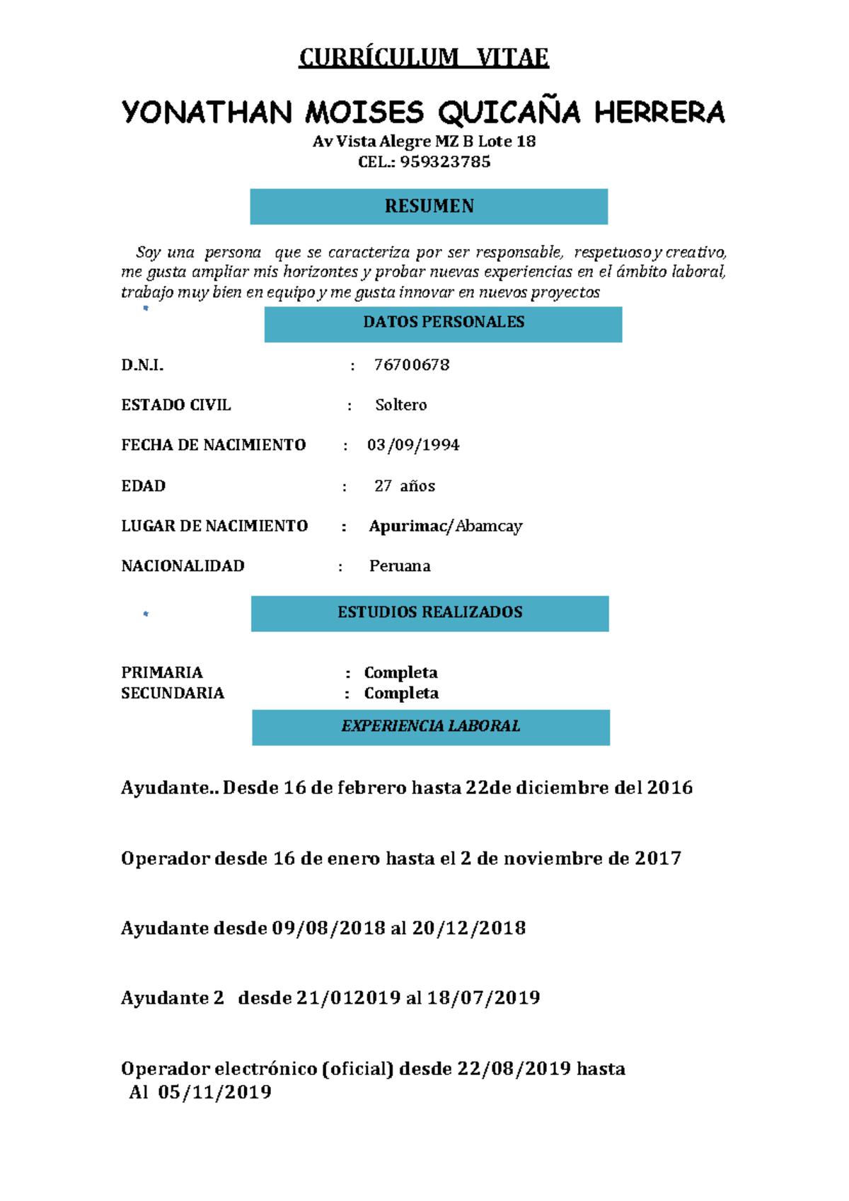 Agre - 13111 - CURRÍCULUM VITAE YONATHAN MOISES QUICAÑA HERRERA Av ...