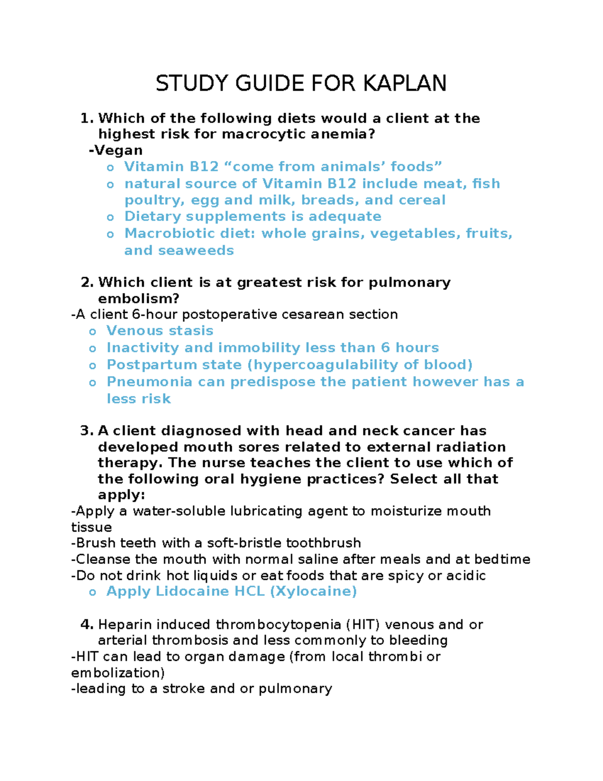 Study Guide FOR Kaplan - STUDY GUIDE FOR KAPLAN Which of the following ...