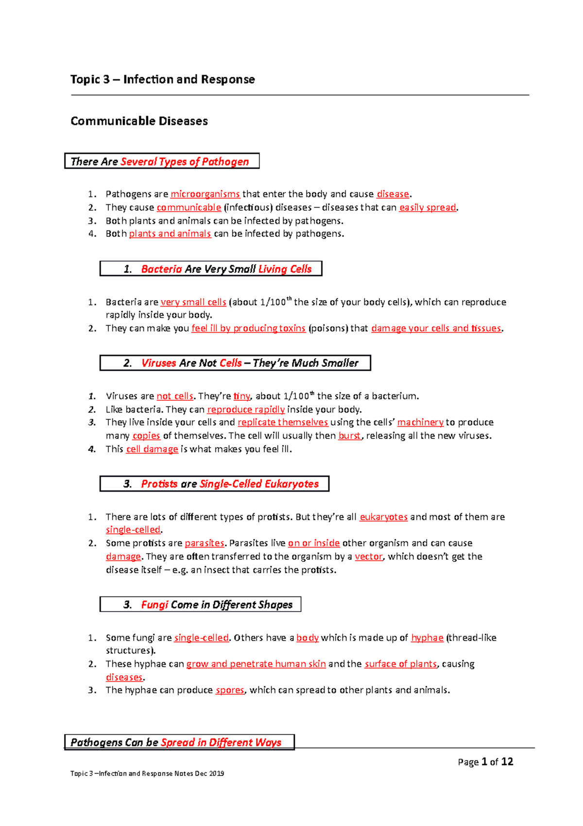 GCSE Biology Revision Notes - B3 - Infection and Response - Dec 2019 ...