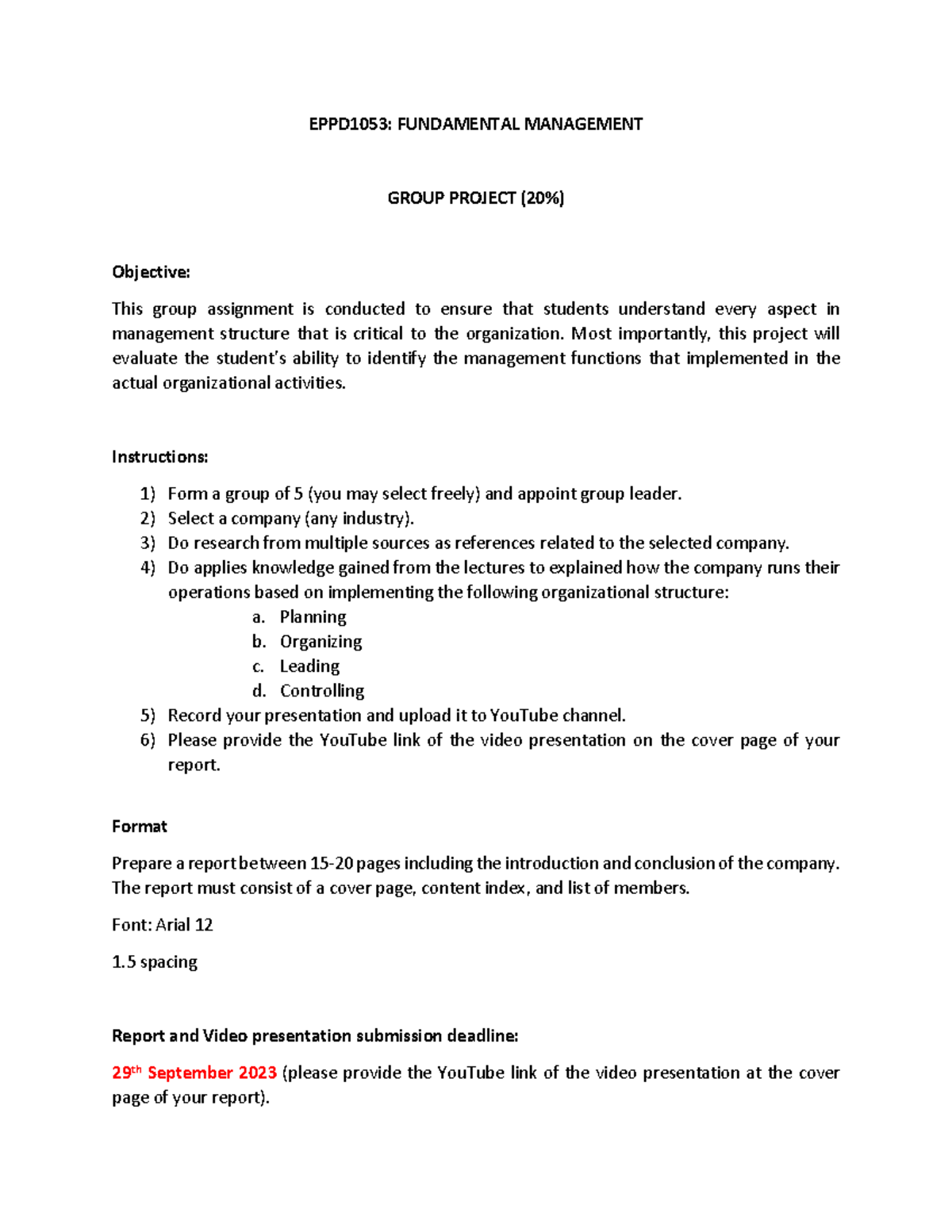 Group Assignment (End Sem Project) - EPPD1053: FUNDAMENTAL MANAGEMENT ...
