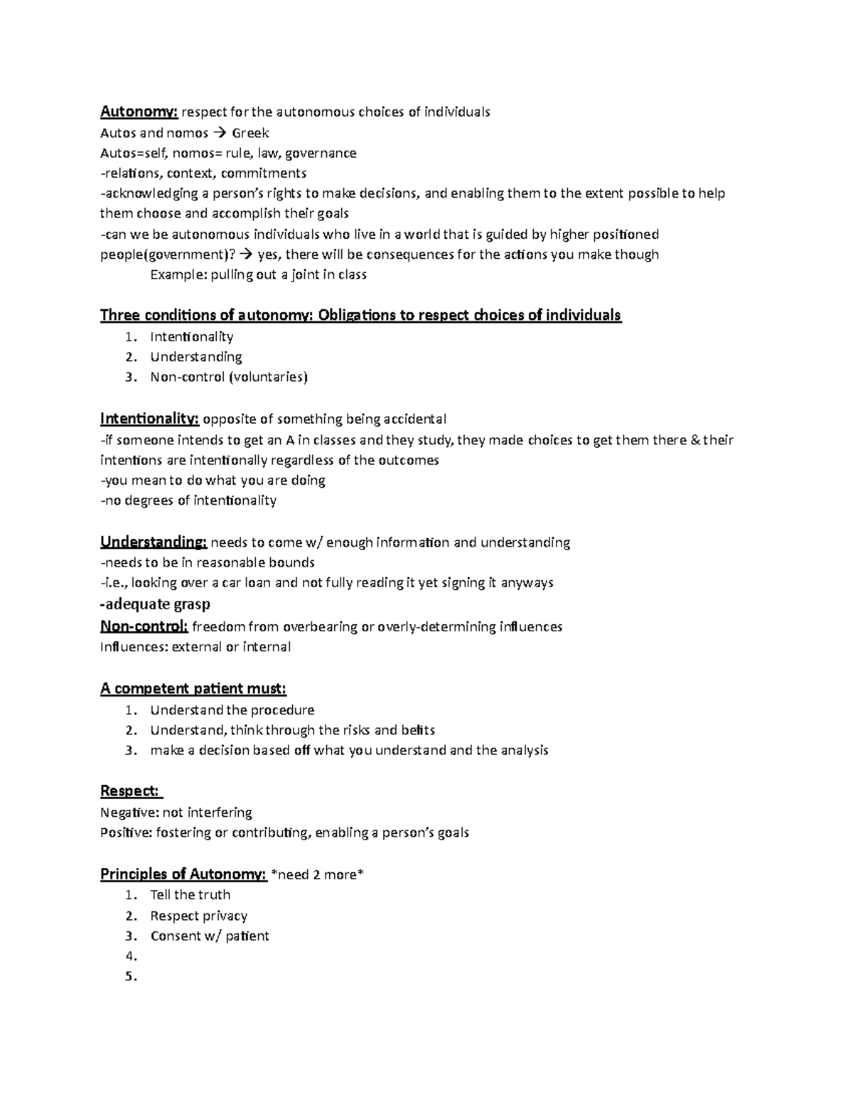 Autonomy notes - Autonomy: respect for the autonomous choices of ...