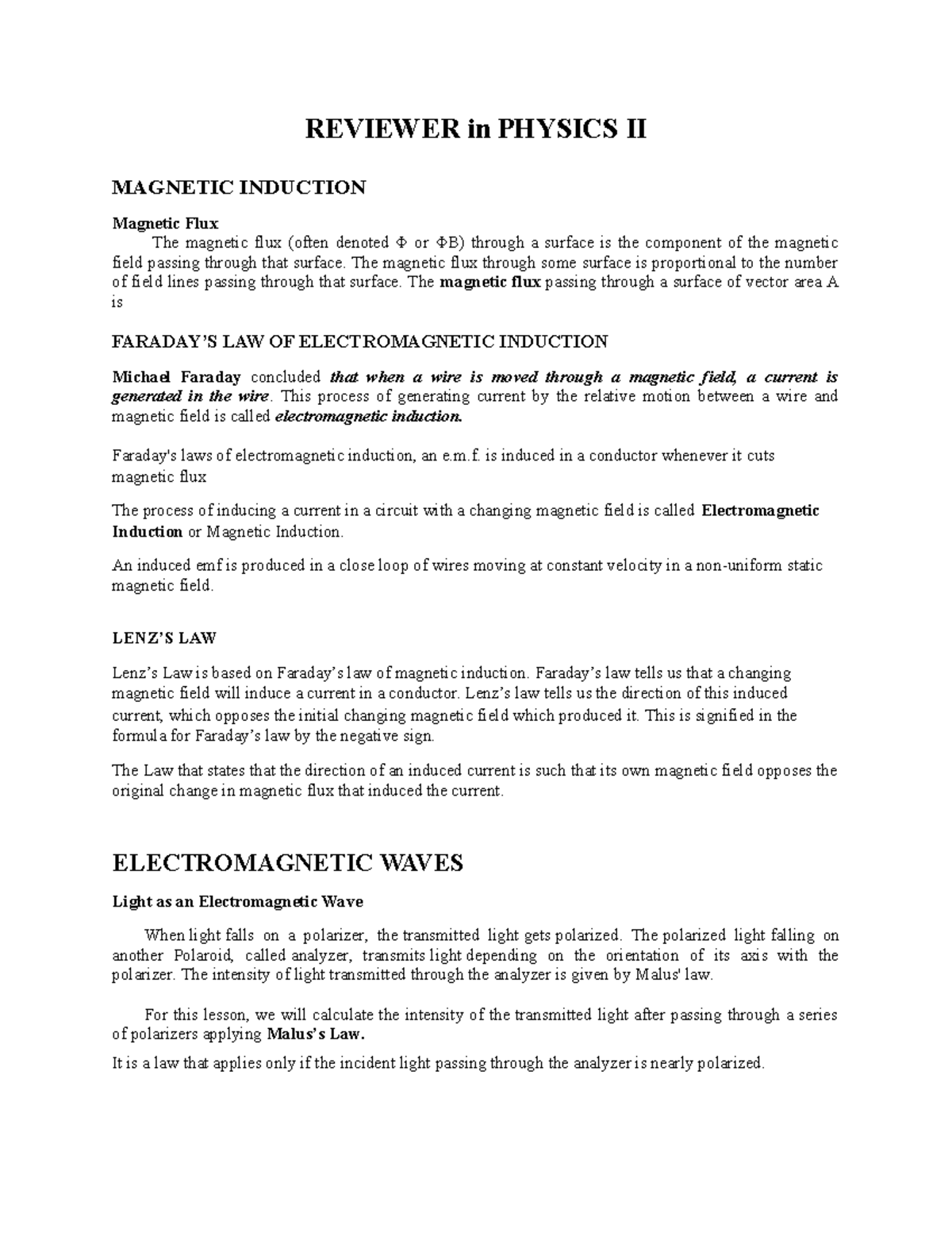 Reviewer in Physics II - REVIEWER in PHYSICS II MAGNETIC INDUCTION ...