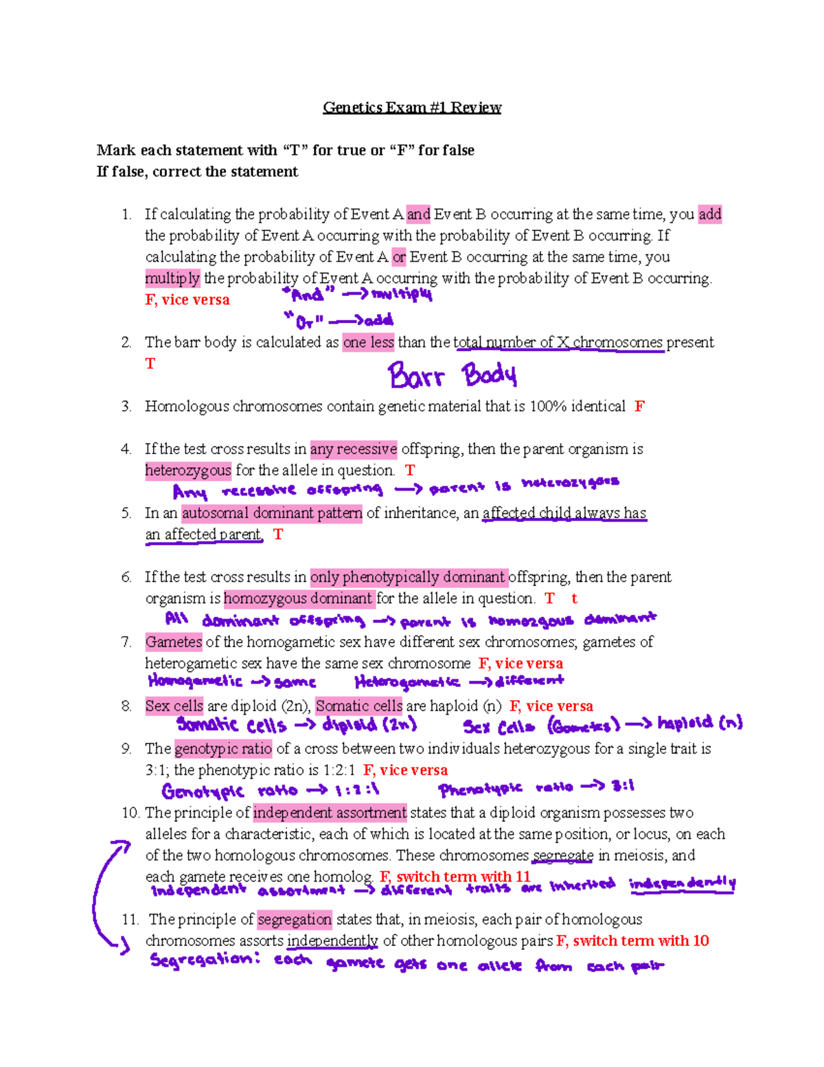 Genetics Exam 1 Review Questions KEY - Genetics Exam #1 Review Mark ...