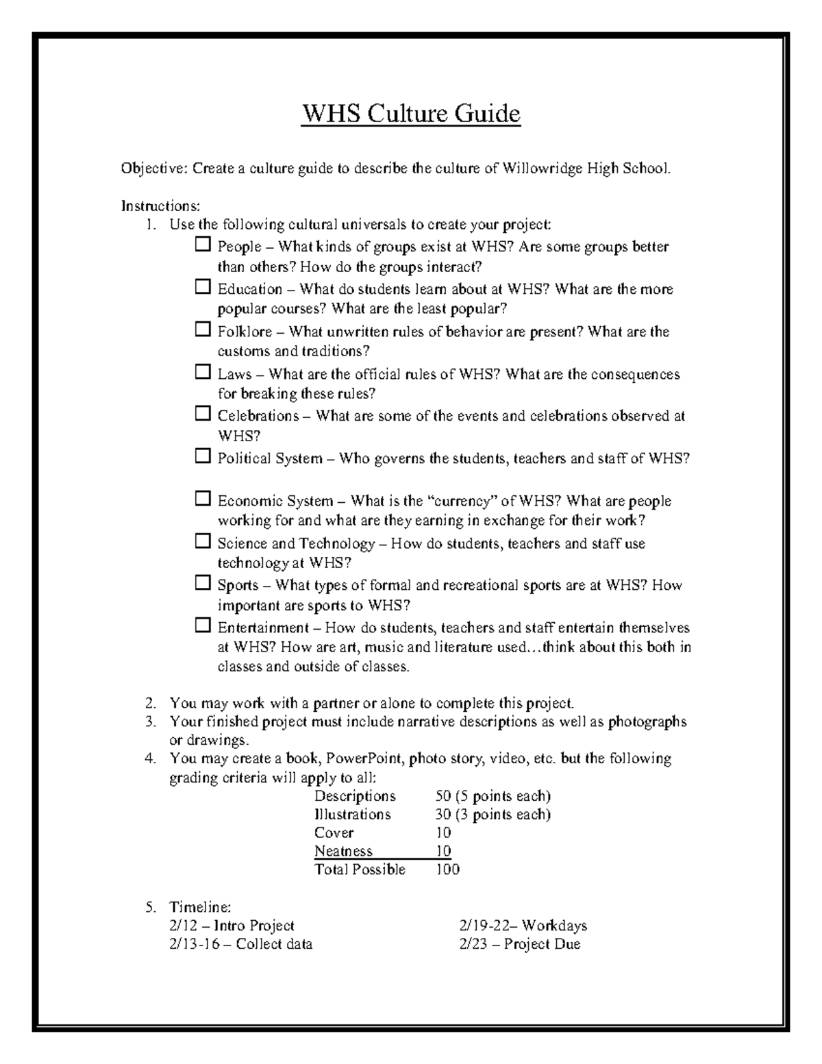 WHS Culture Guide - super easy - WHS Culture Guide Objective: Create a ...