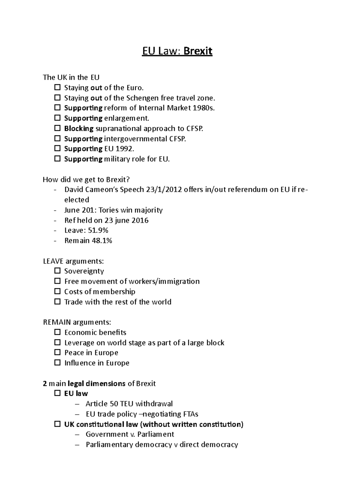 EU Law- brexit - Lecture notes 1-3 - EU Law: Brexit The UK in the EU ...