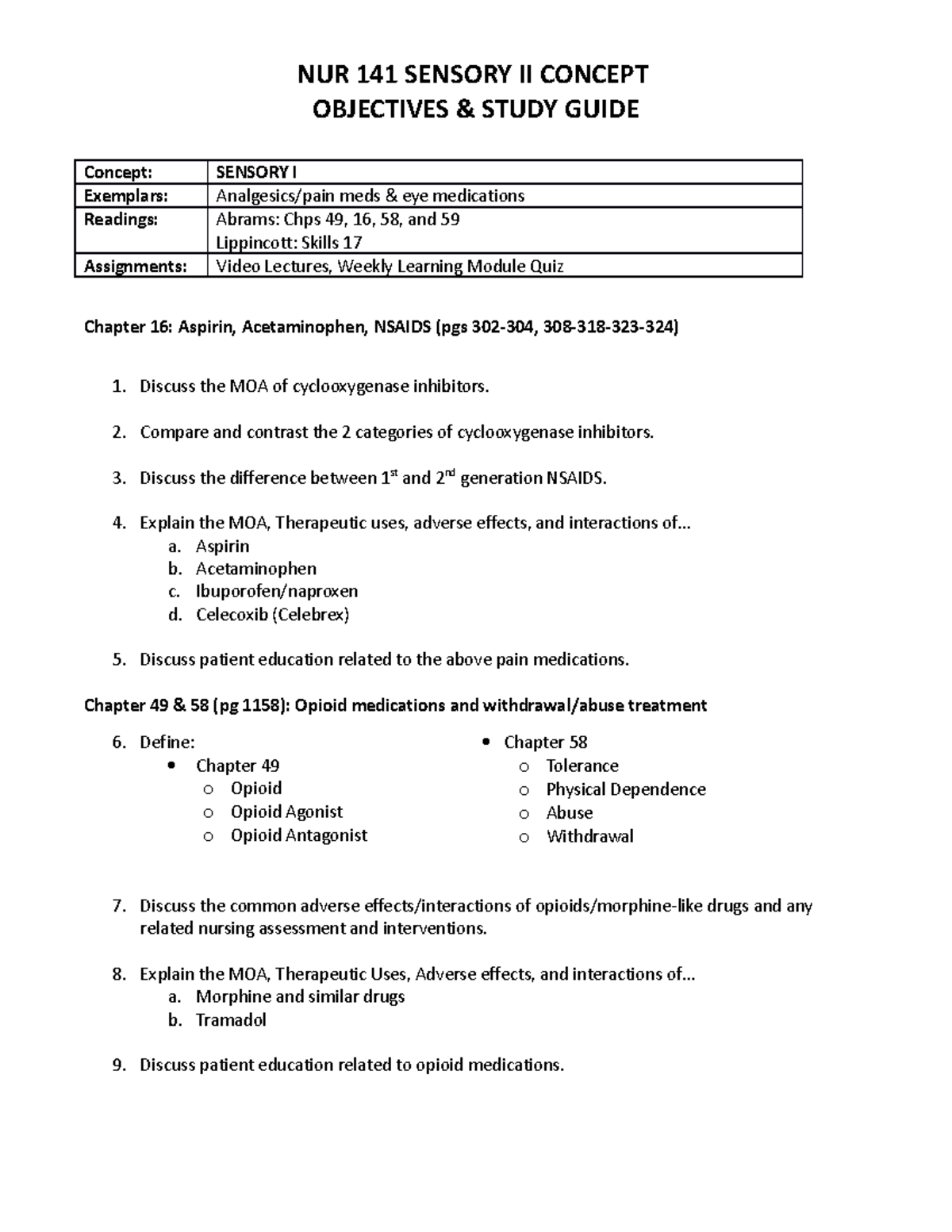 Study Guide Sensory I Pain and eye medications - NUR 141 SENSORY II ...