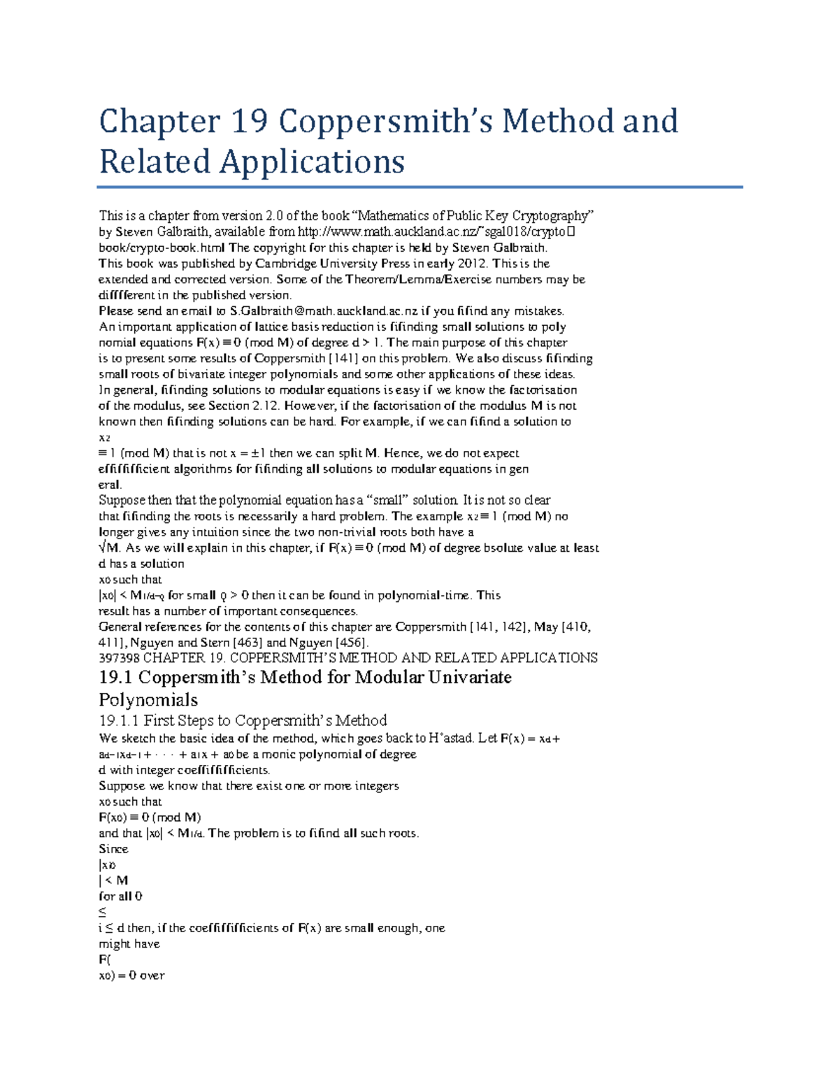 Chapter 19 Coppersmiths Method - Chapter 19 Coppersmith’s Method and ...