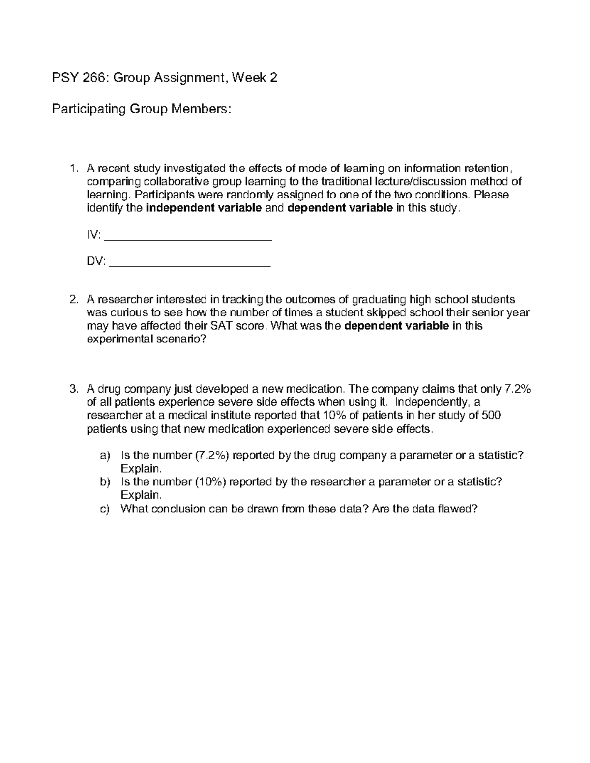 PSY 266 Week 2 Group Assignment Spring 2023 - PSY 266: Group Assignment, Week 2 Participating ...