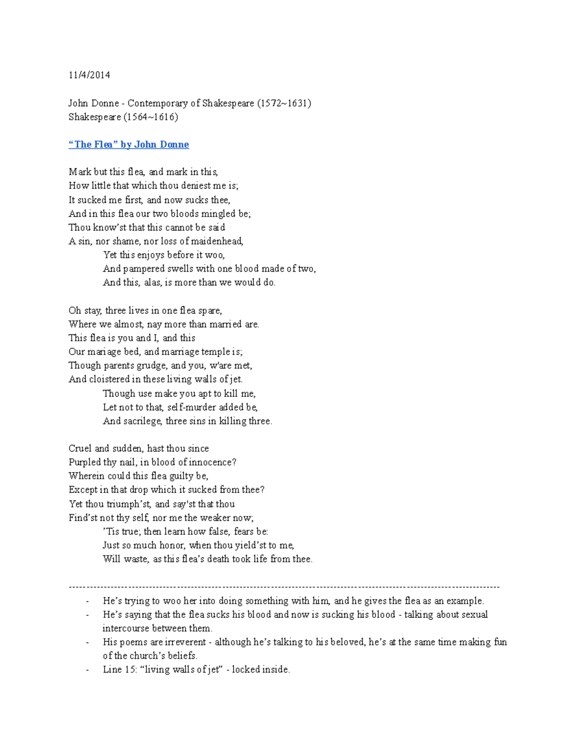 The Flea - Lecture notes The Flea Notes - 11/4/ John Donne ...