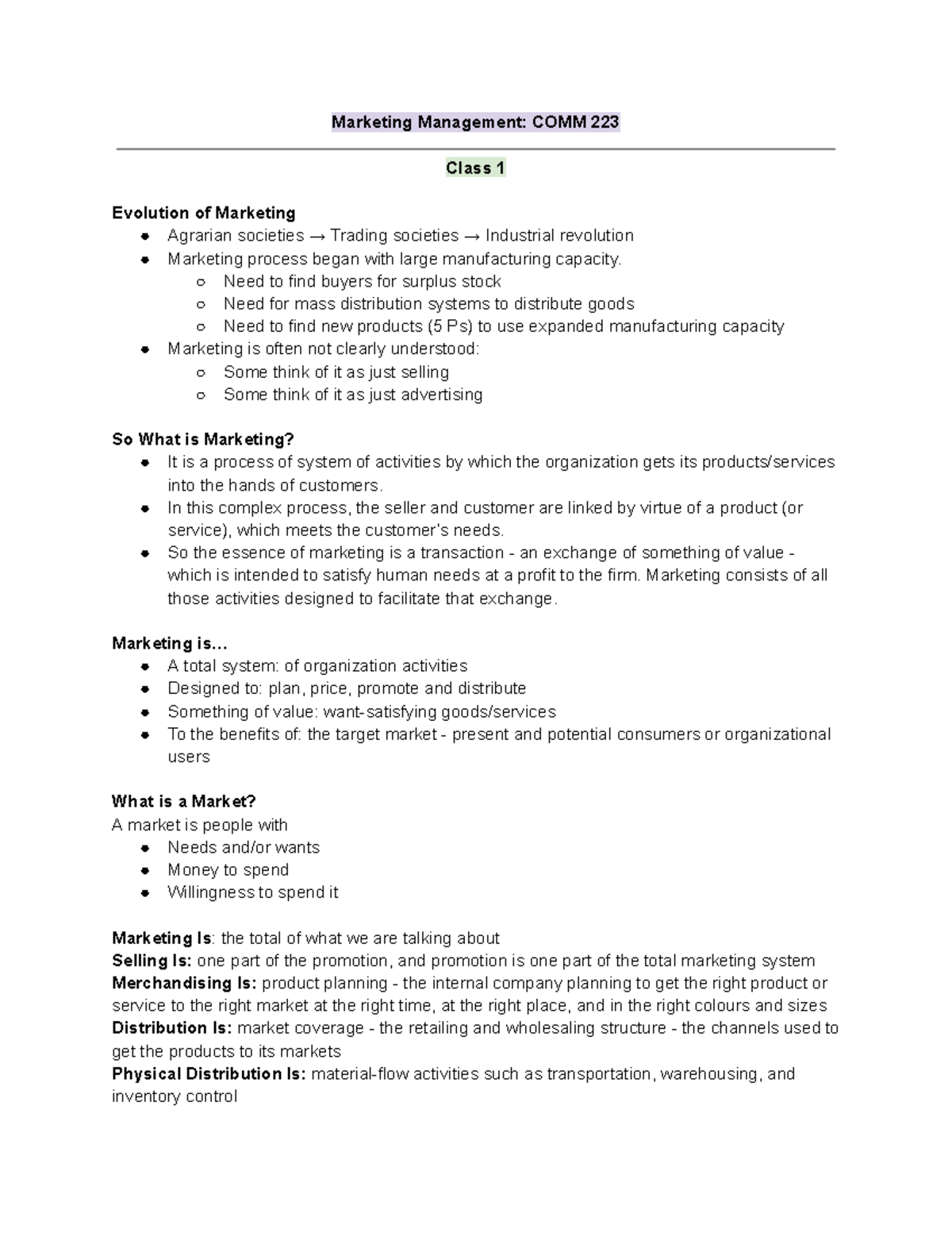 Comm 223 in class notes - Marketing Management: COMM 223 Class 1 ...