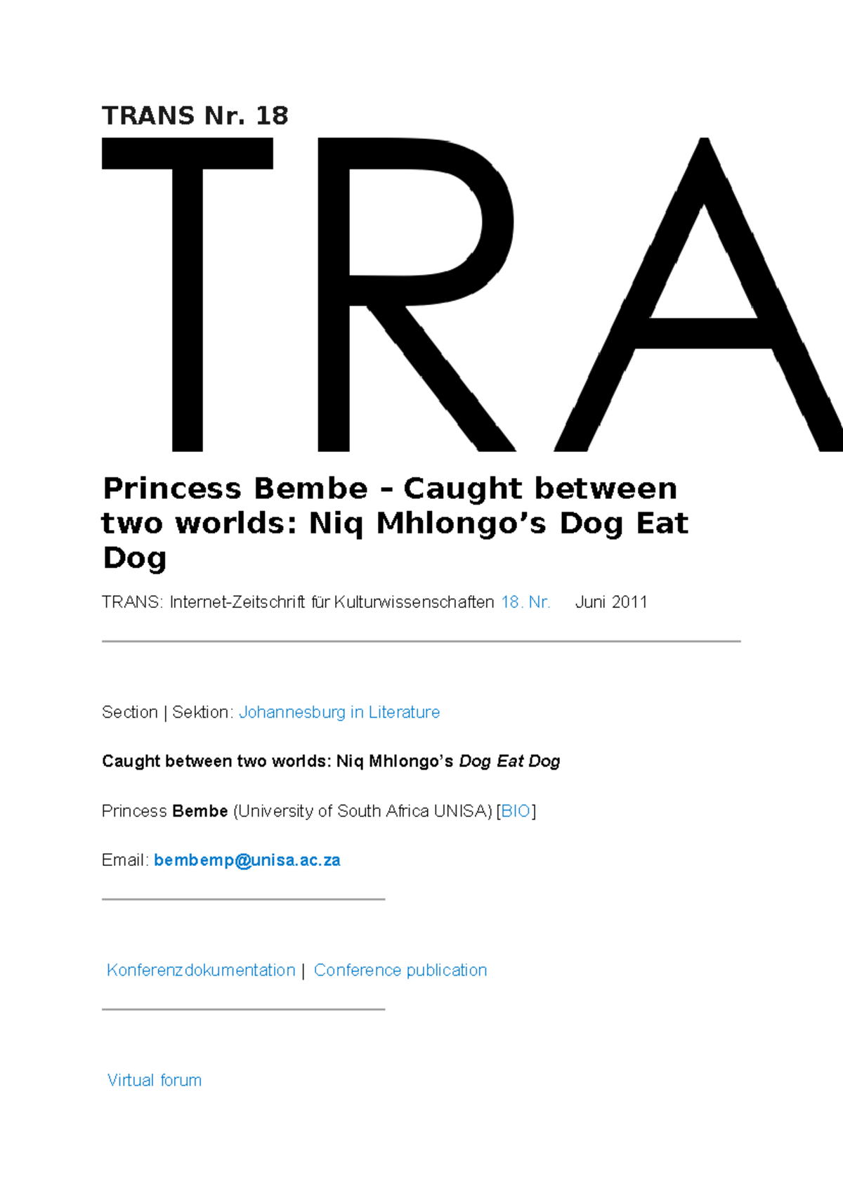 Article on the novel - TRANS Nr. 18 Princess Bembe – Caught between two ...