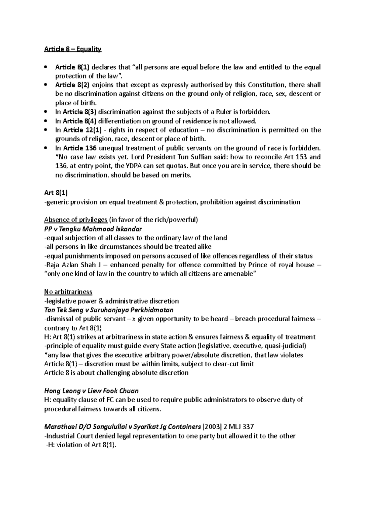 Article 8 - Equality - Article 8 – Equality Article 8(1) declares that ...