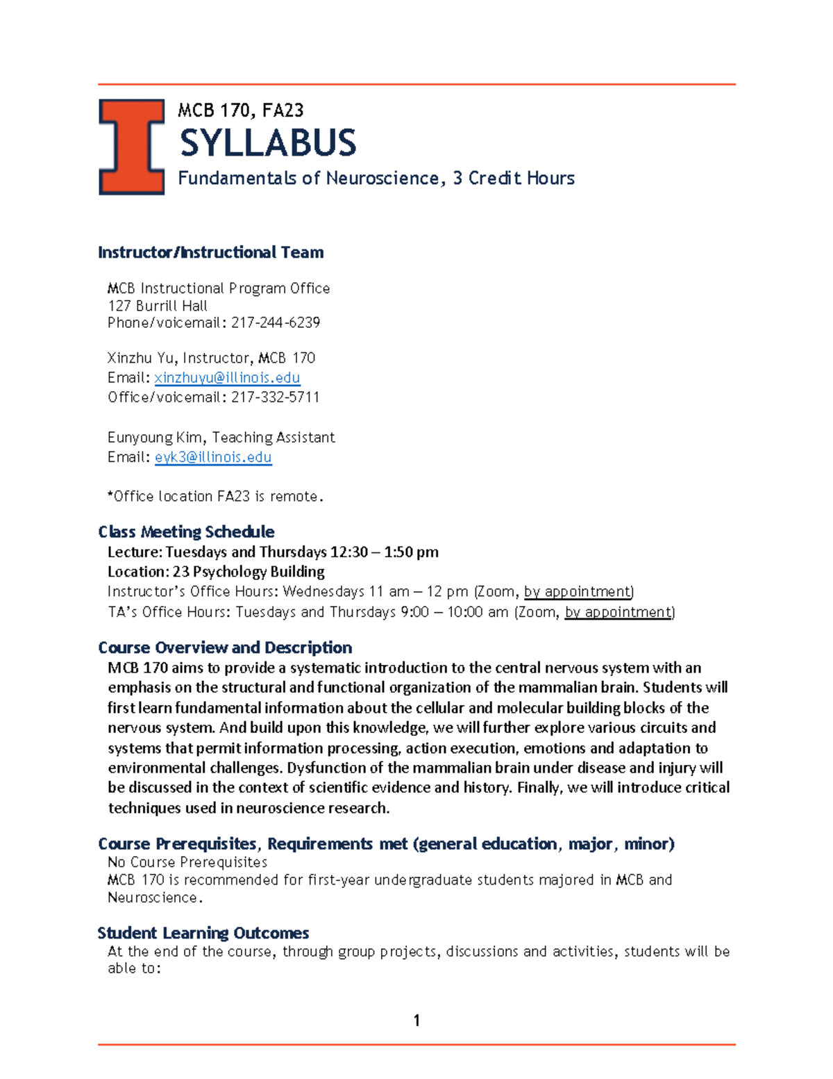 MCB 170 syllabus - MCB 170 , FA 23 SYLLABUS Fundamentals of Neuroscience, 3 Credit Hours - Studocu