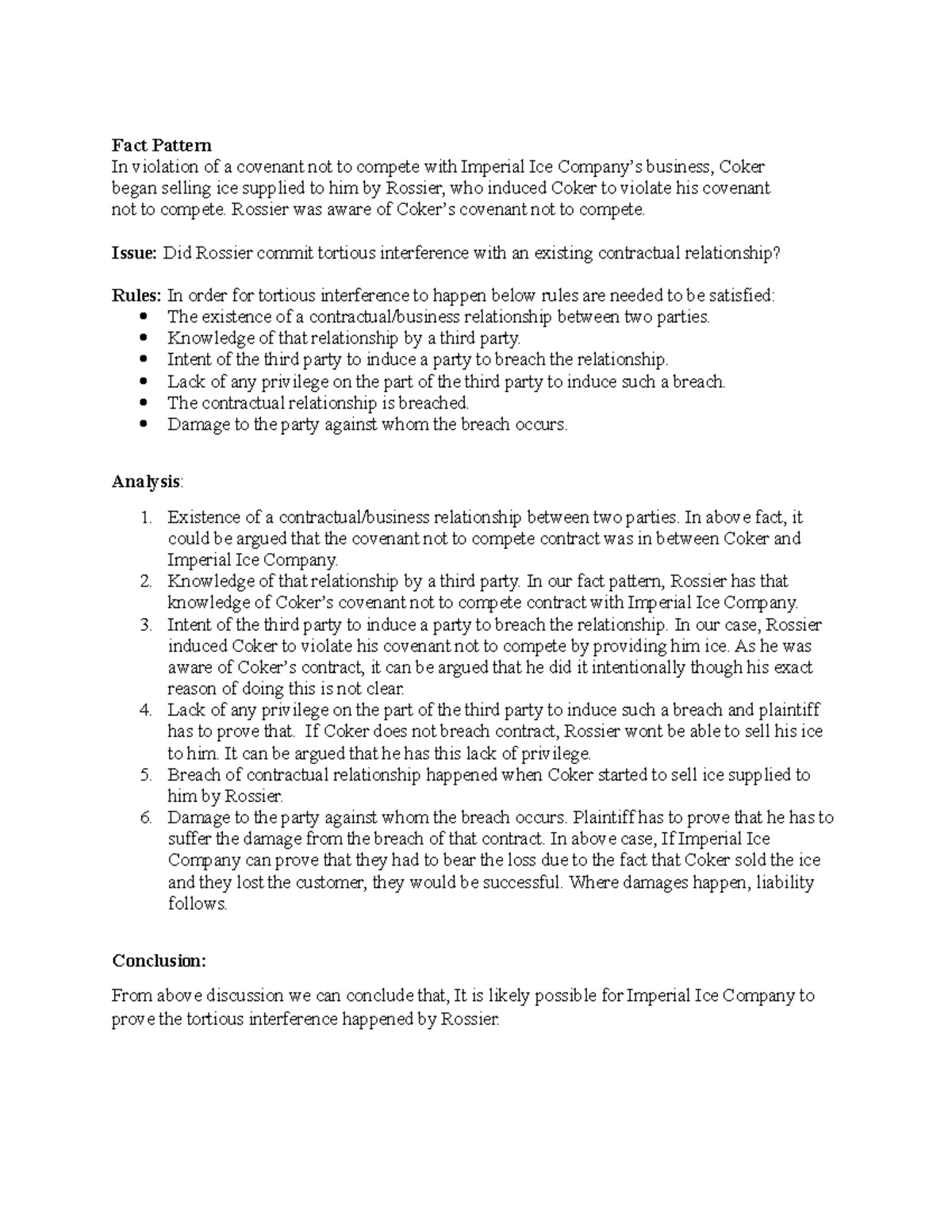 Case Study - Fact Pattern In violation of a covenant not to compete ...