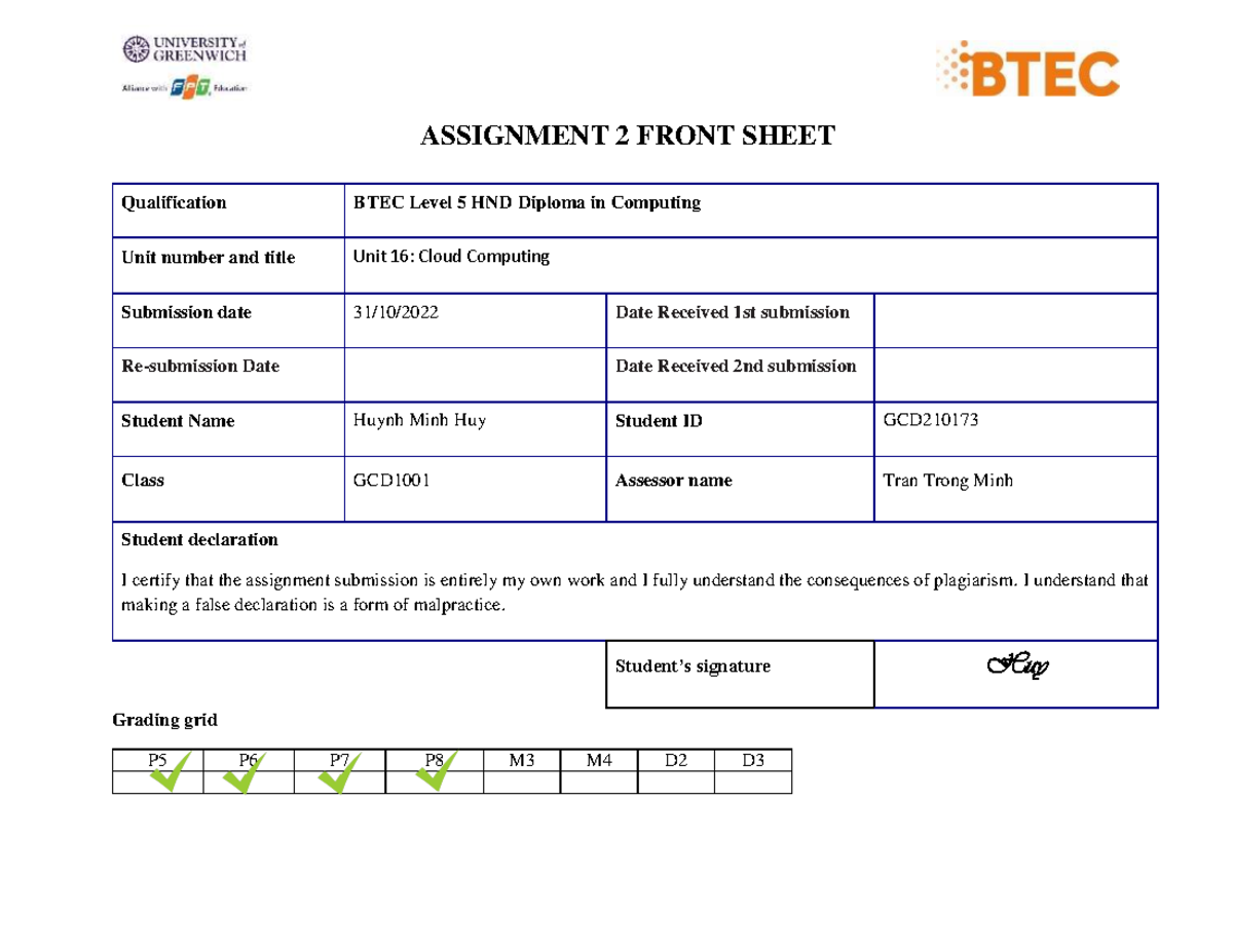 Assignment 2 - Cloud Computing - ASSIGNMENT 2 FRONT SHEET Qualification BTEC Level 5 HND Diploma ...