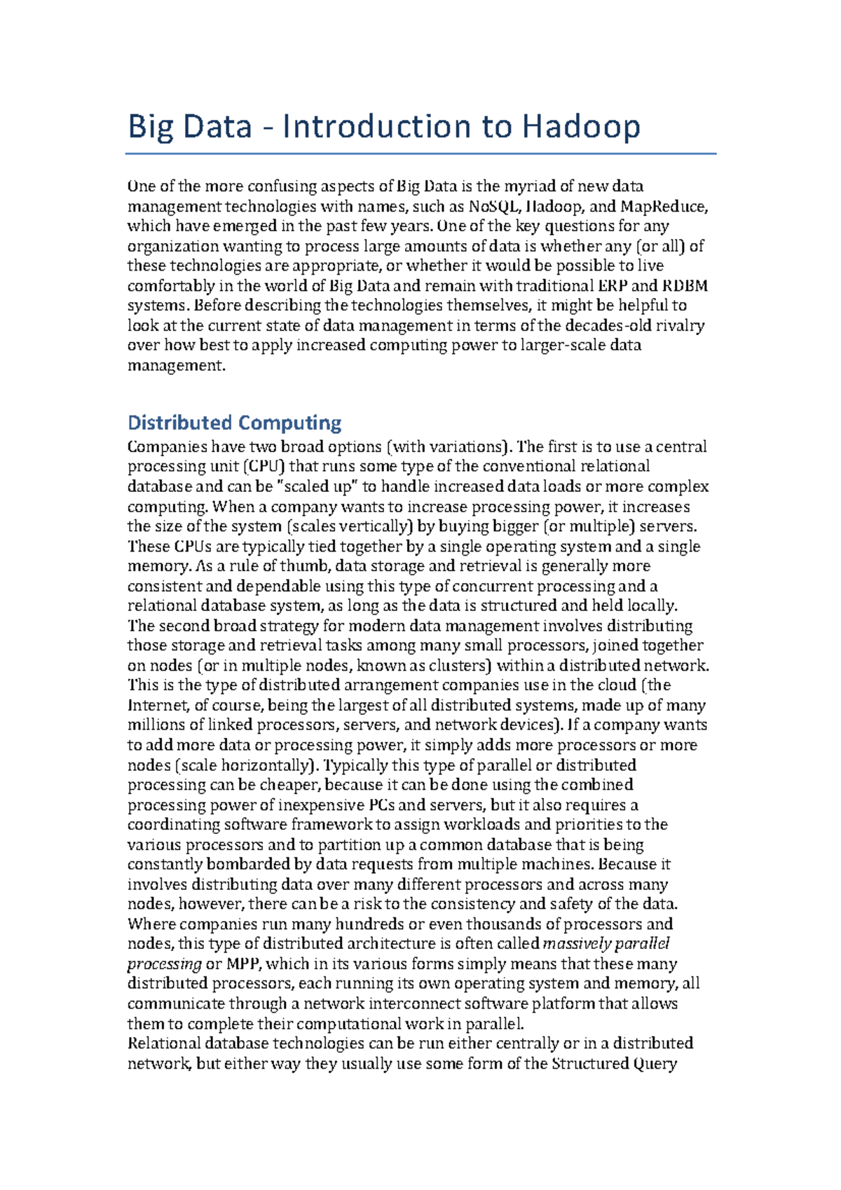 Hadoop 2019-20 - big data - Big Data - Introduction to Hadoop One of ...