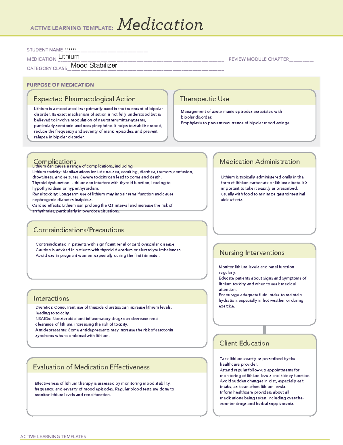 Lithium - ACTIVE LEARNING TEMPLATES Medication STUDENT NAME