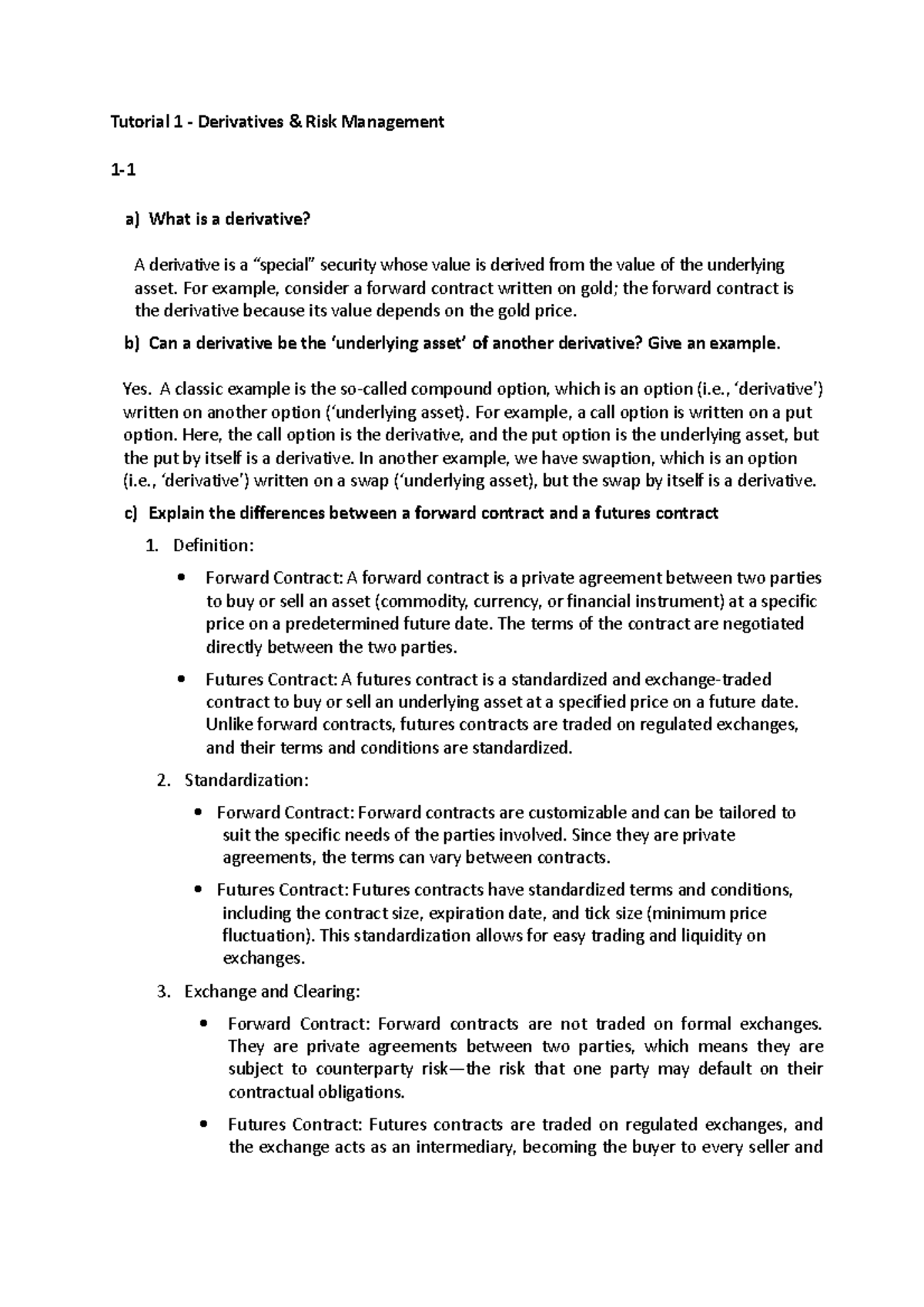 Tutorial 1 - Derivatives & Risk Management - Tutorial 1 - Derivatives & Risk Management 1- a ...