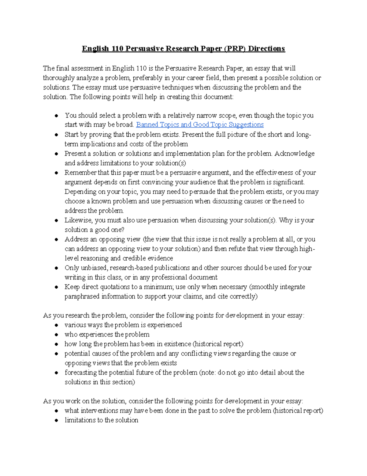 ENGL110 PRP Directions - English 110 Persuasive Research Paper (PRP ...