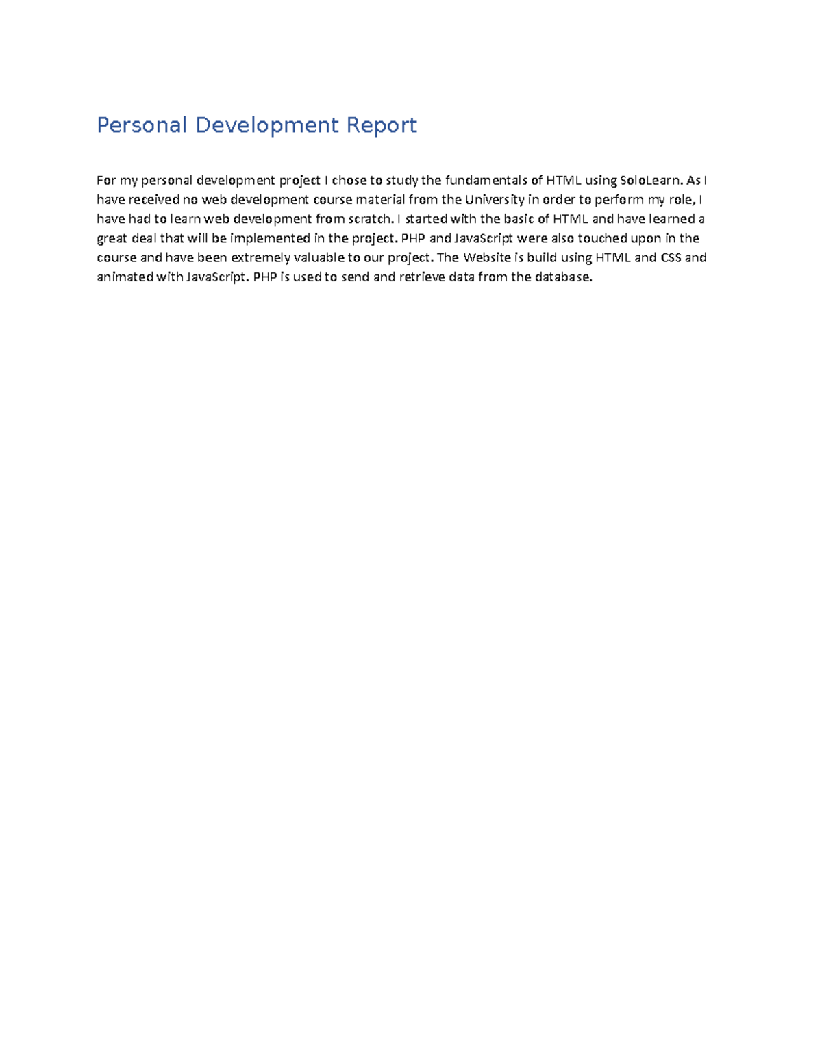 Personal Development Report - As I have received no web development ...